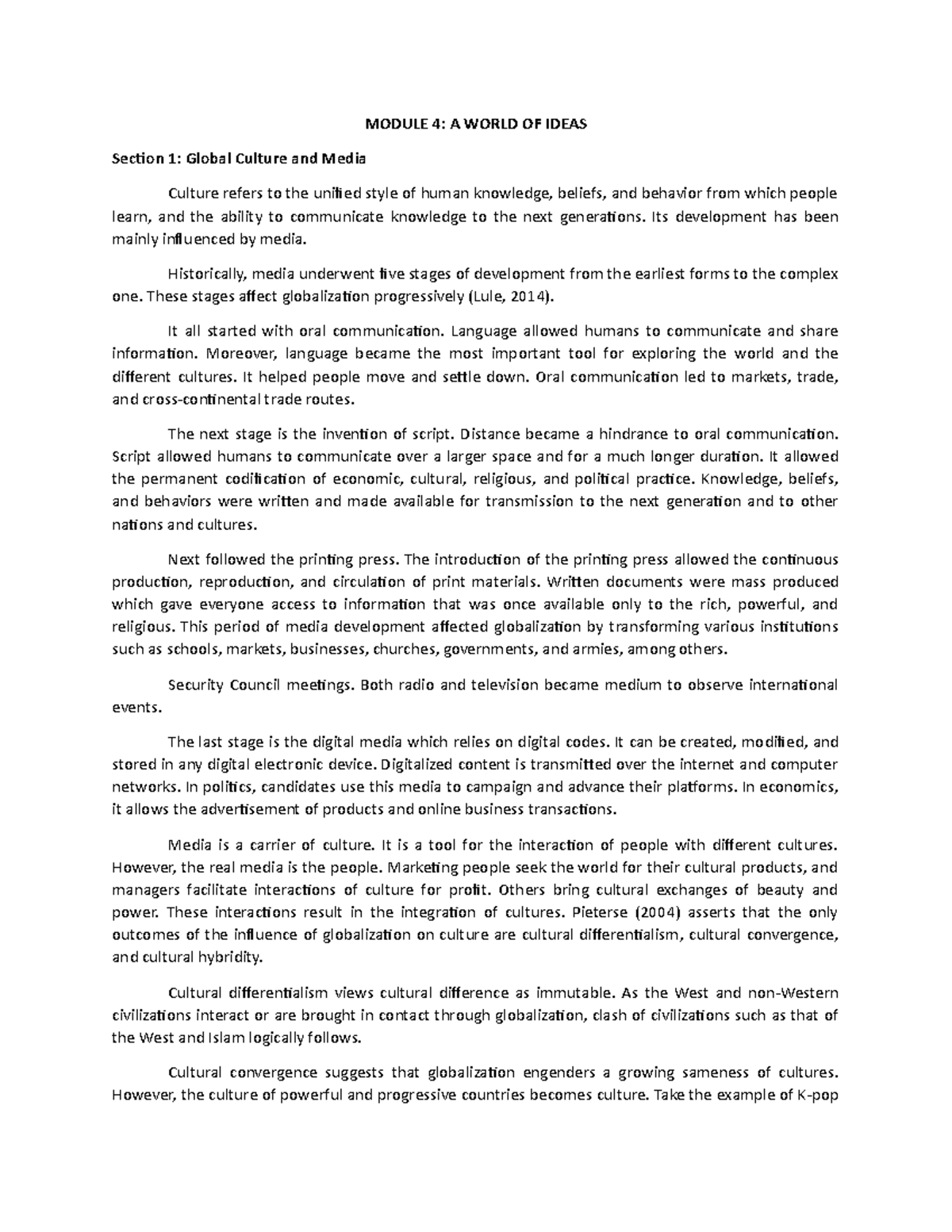 Module 4 a world of ideas - MODULE 4: A WORLD OF IDEAS Section 1 ...