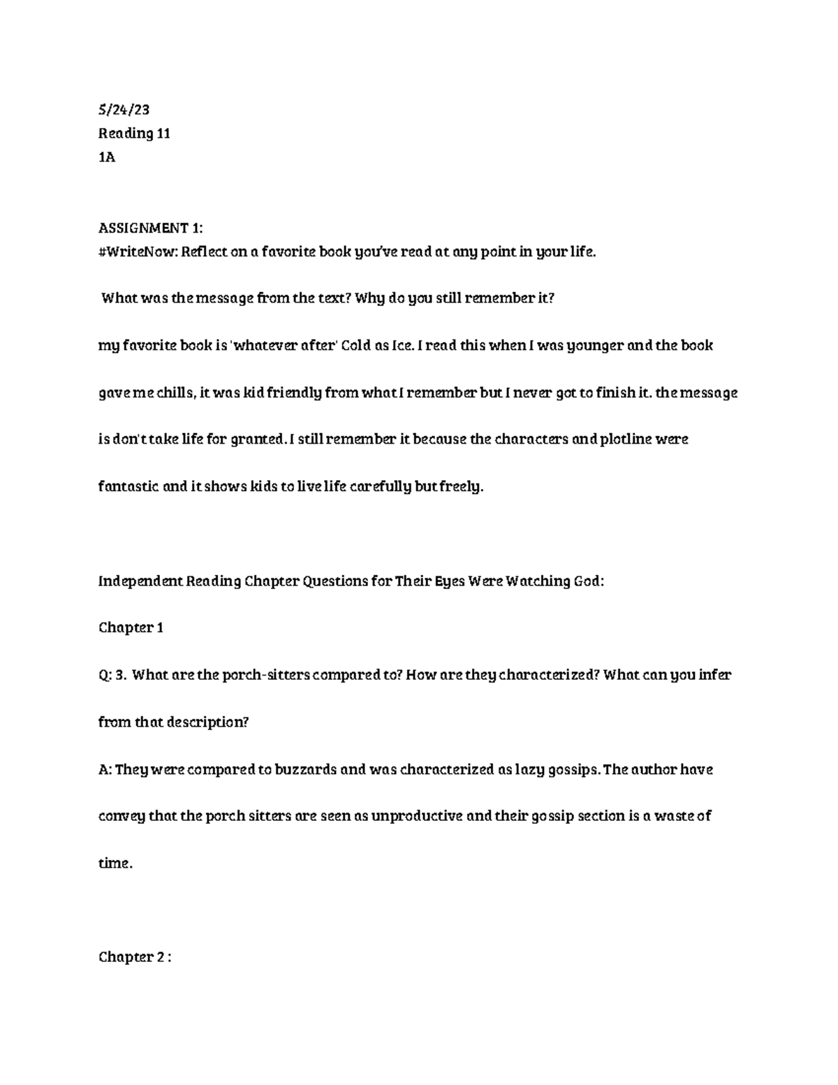 Promt questions Ms williams , their eyes watching god - 5/24/ Reading ...