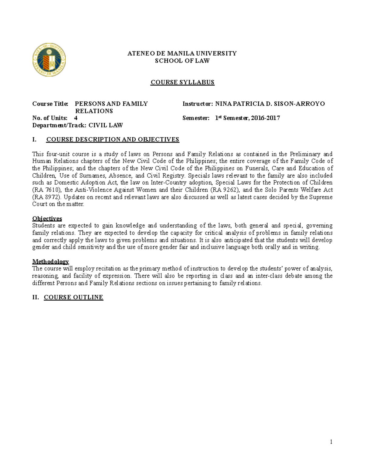 Feismo - summary - ATENEO DE MANILA UNIVERSITY SCHOOL OF LAW COURSE SYLLABUS Course Title ...