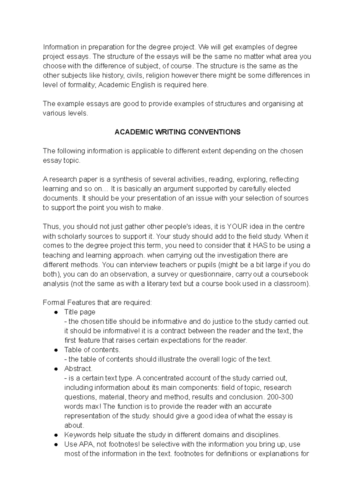 Academic essays summary - Information in preparation for the degree ...