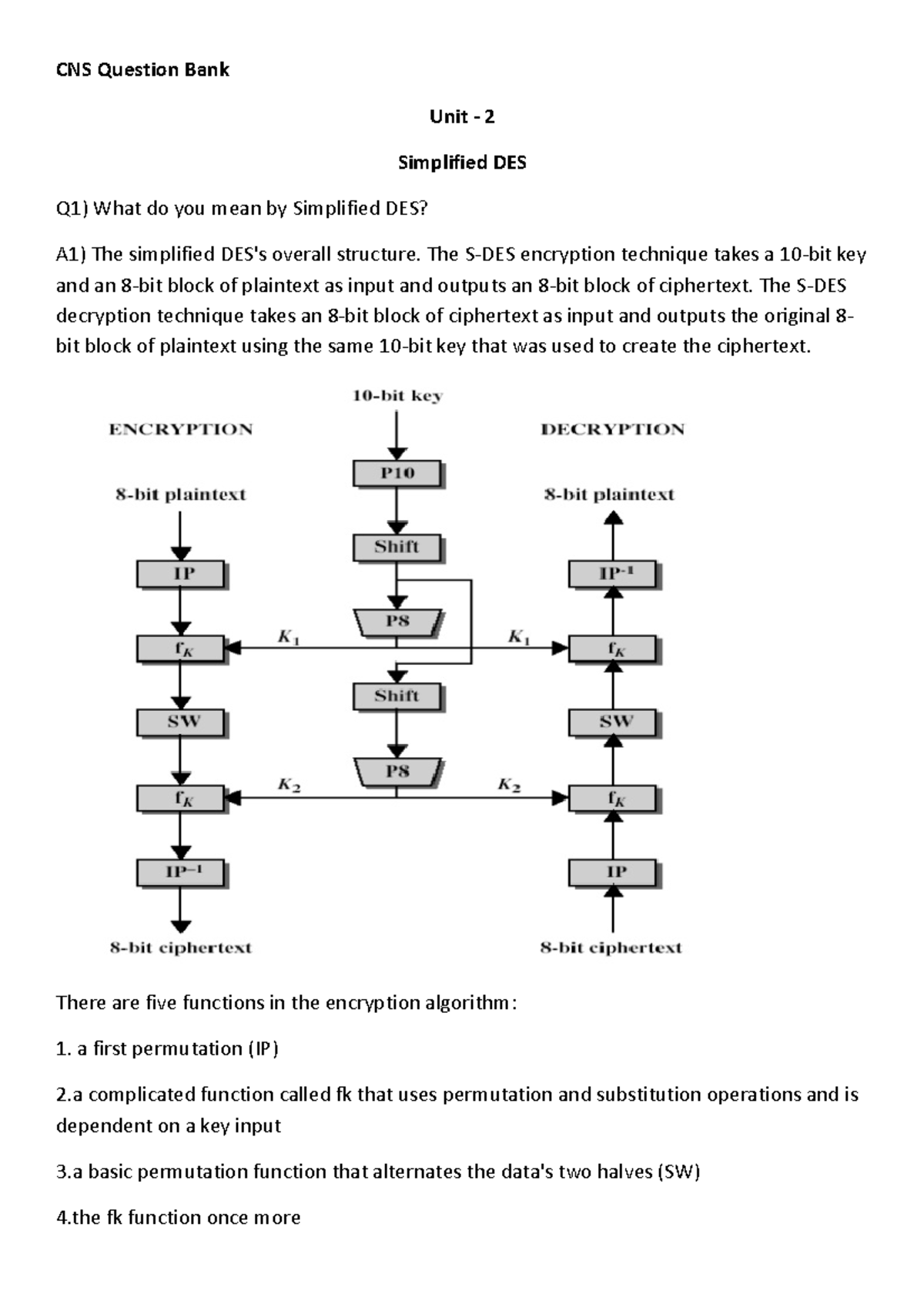 CNS unit 2 - Module 2 Lectures: 7 hrs. Simplified DES, Block Cipher ...