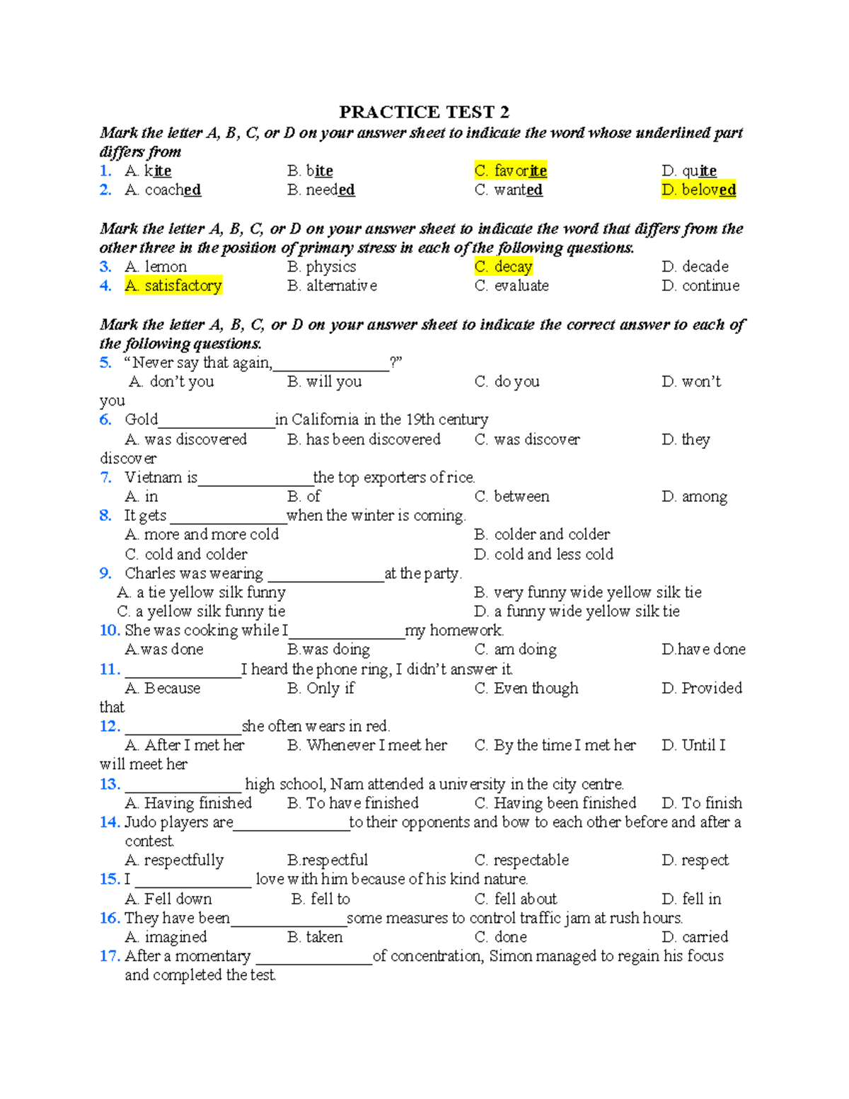 Practice- Tests-2 - fuilp - PRACTICE TEST 2 Mark the letter A, B, C, or ...