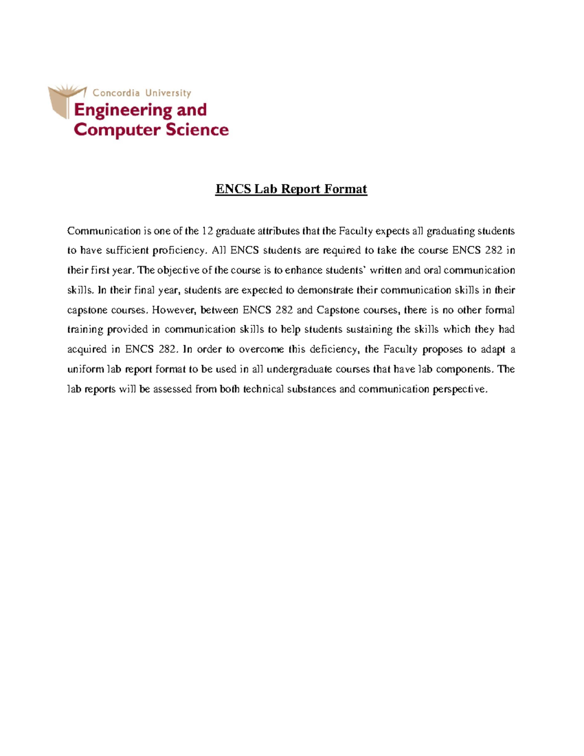 Lab Report Outline - ENCS Lab Report Format Communication is one of the ...