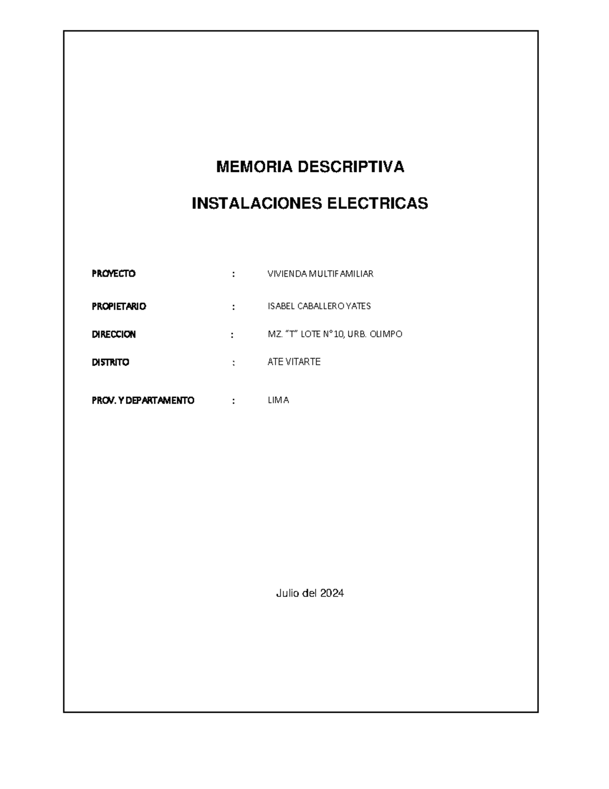 Memoria Descriptiva Y Calculo Electricas - INSTALACIONES ELECTRICAS PROYECTO : VIVIENDA - Studocu