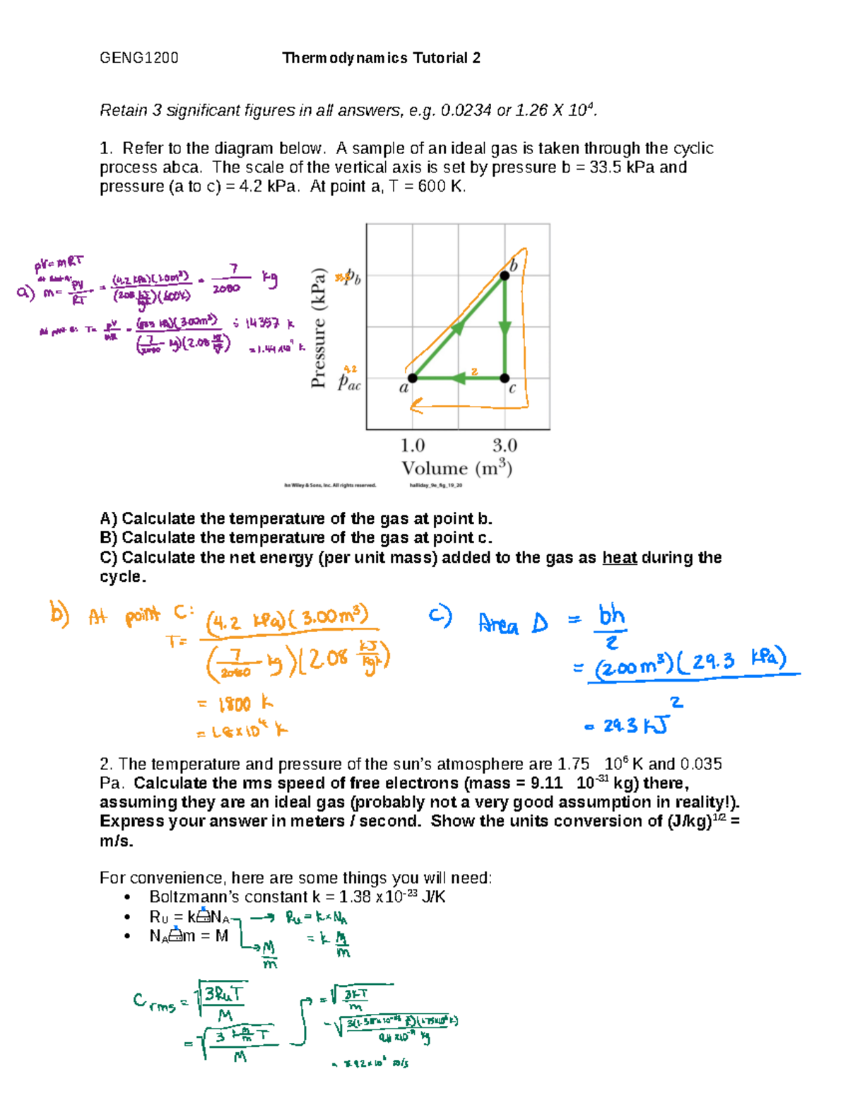 Thermo assignment 2 - Practice - GENG1200 Thermodynamics Tutorial 2 – Section 2 Wed. Ma. 1, 2023 ...