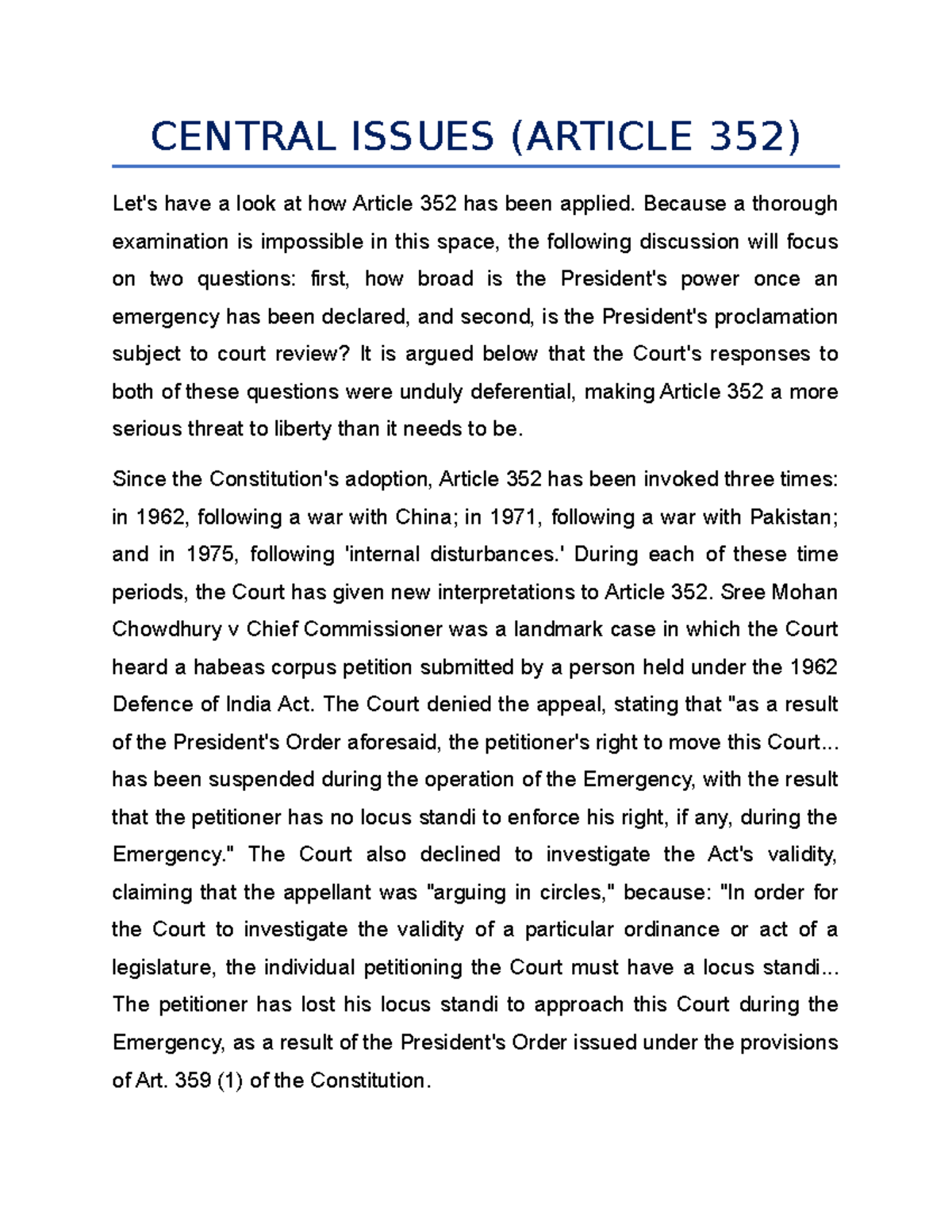 Central Issues ( Article 352) - CENTRAL ISSUES (ARTICLE 352) Let's have ...