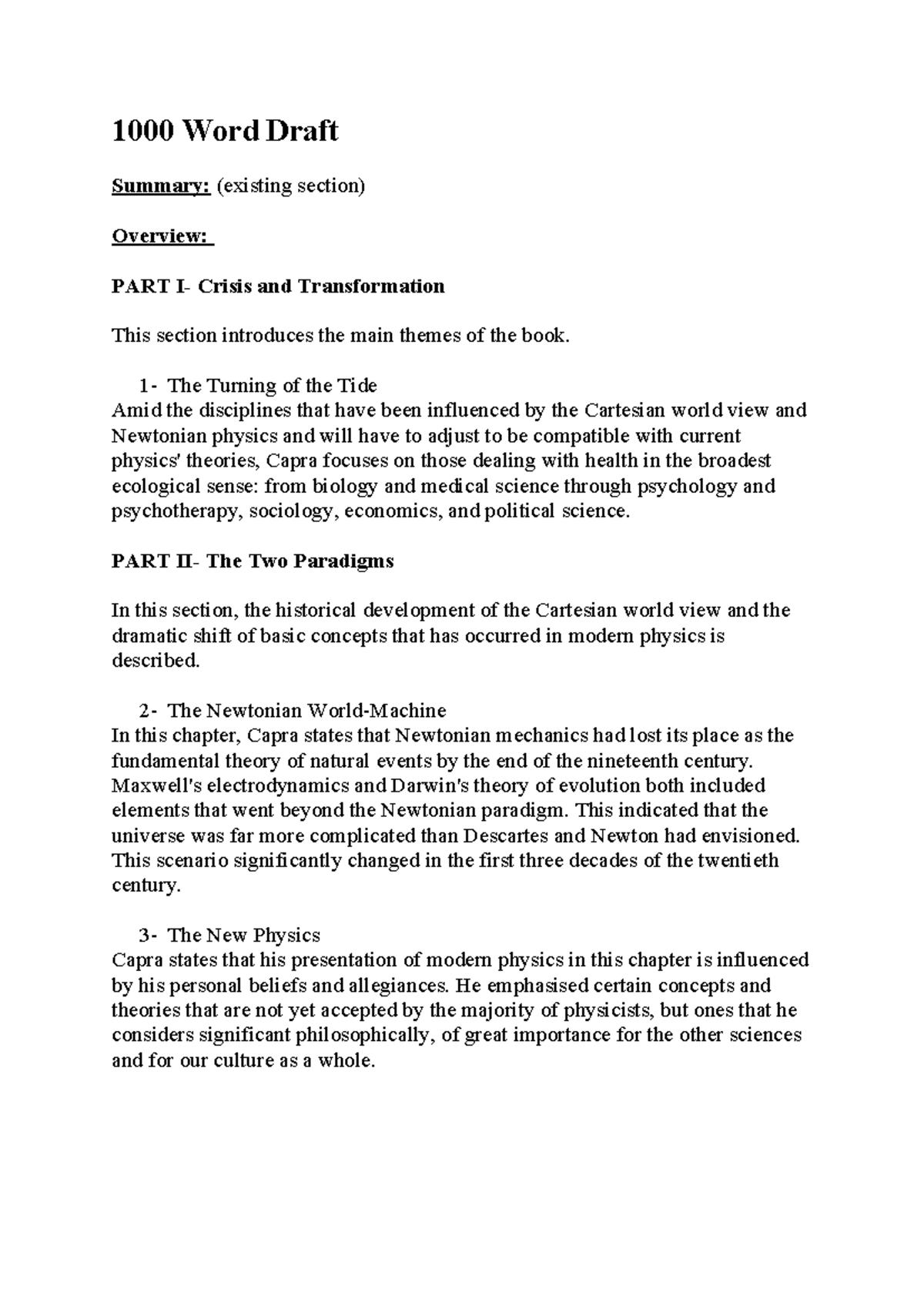 1000 Word Draft - 1000 Word Draft Summary: (existing section) Overview ...