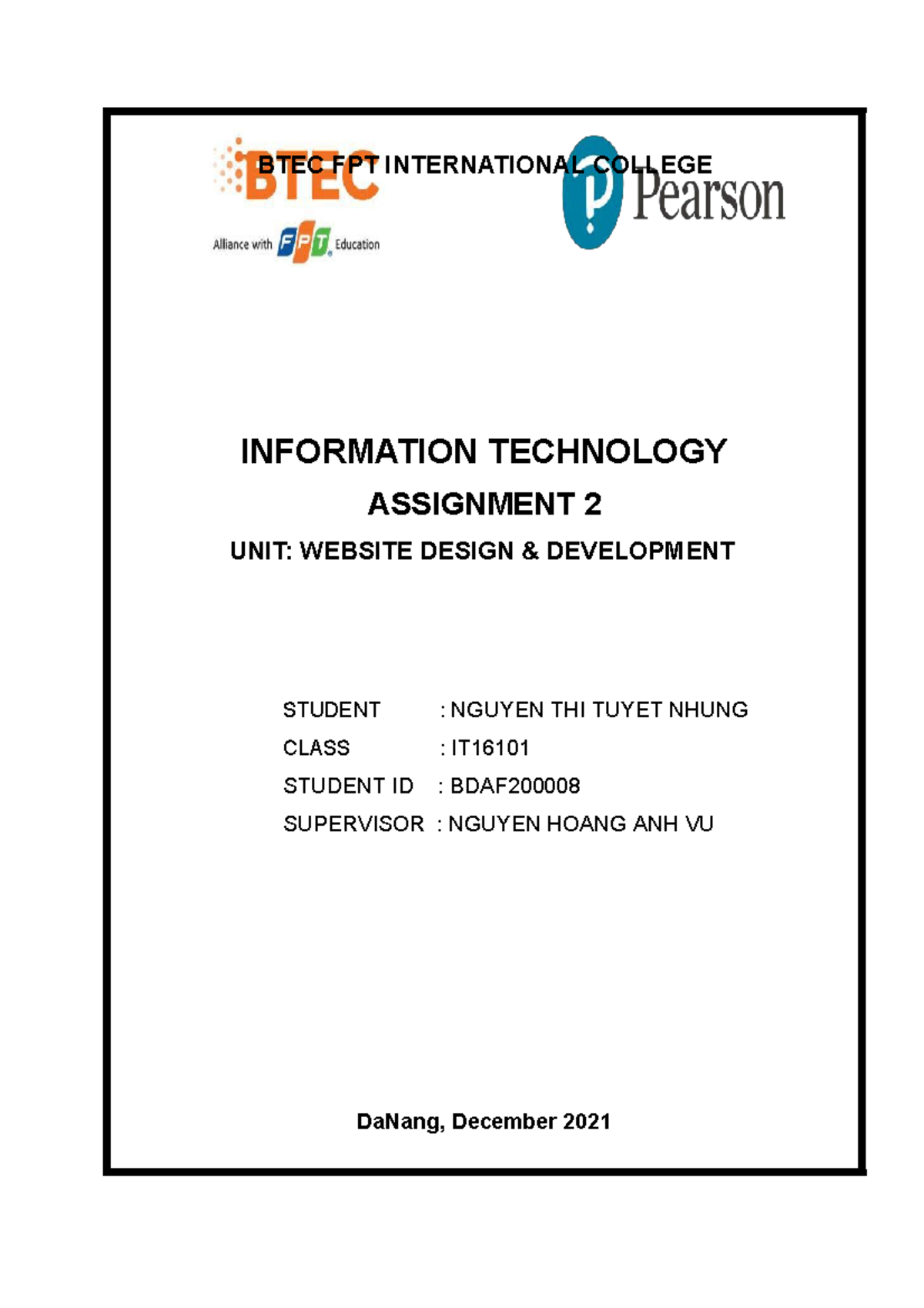 BÀI MẪU Assignment WORD - BTEC FPT INTERNATIONAL COLLEGE INFORMATION ...