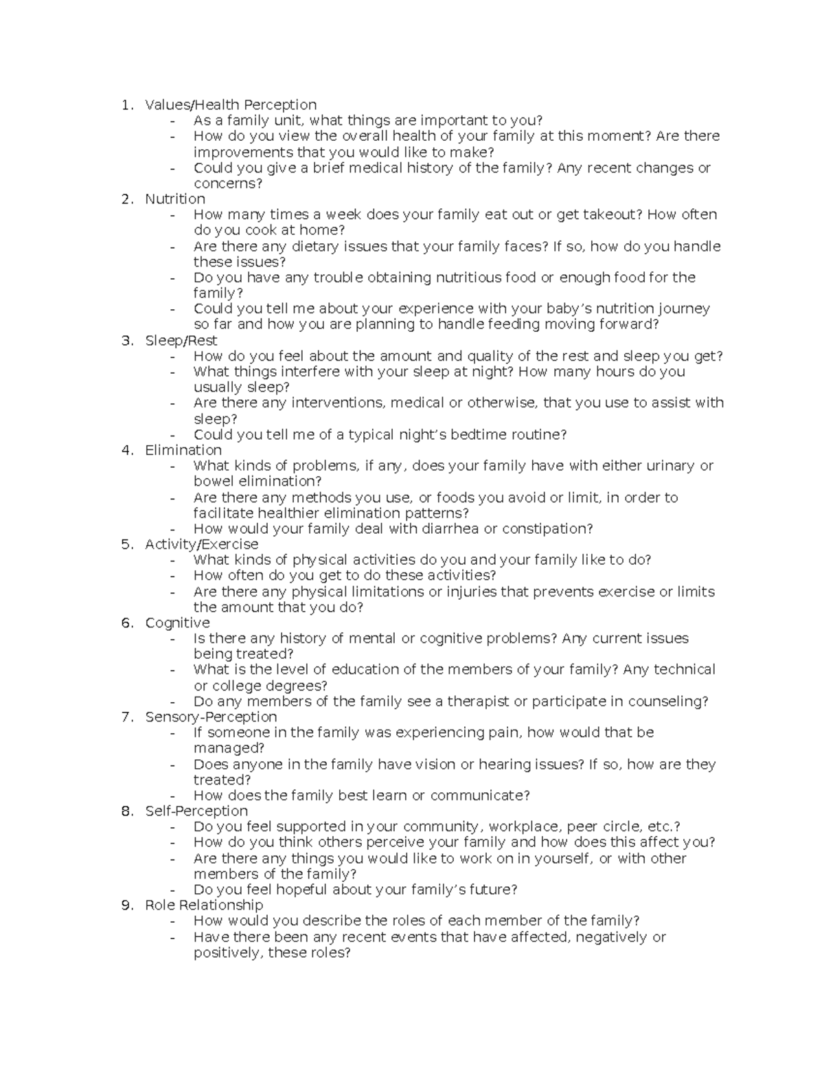 Family Assessment - Values/Health Perception As a family unit, what ...