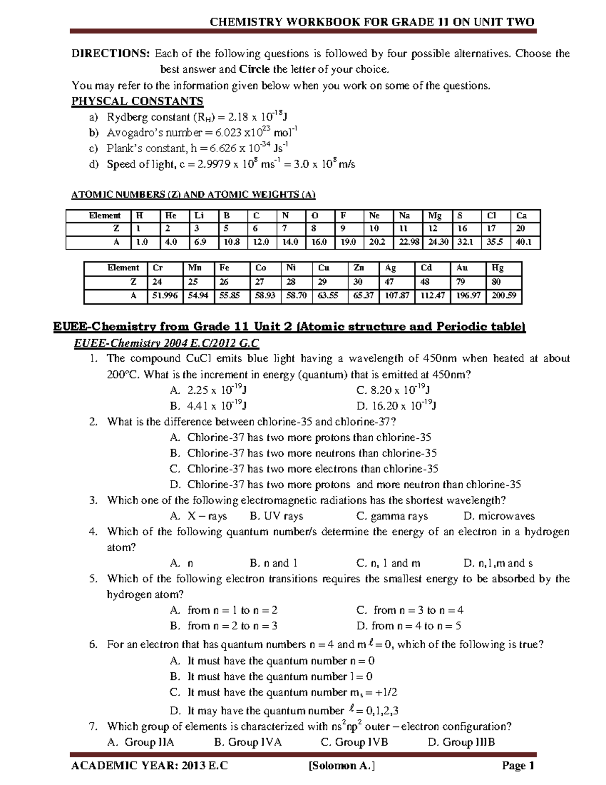 Chem. workbook for G.11 on unit 2 - DIRECTIONS: Each of the following ...