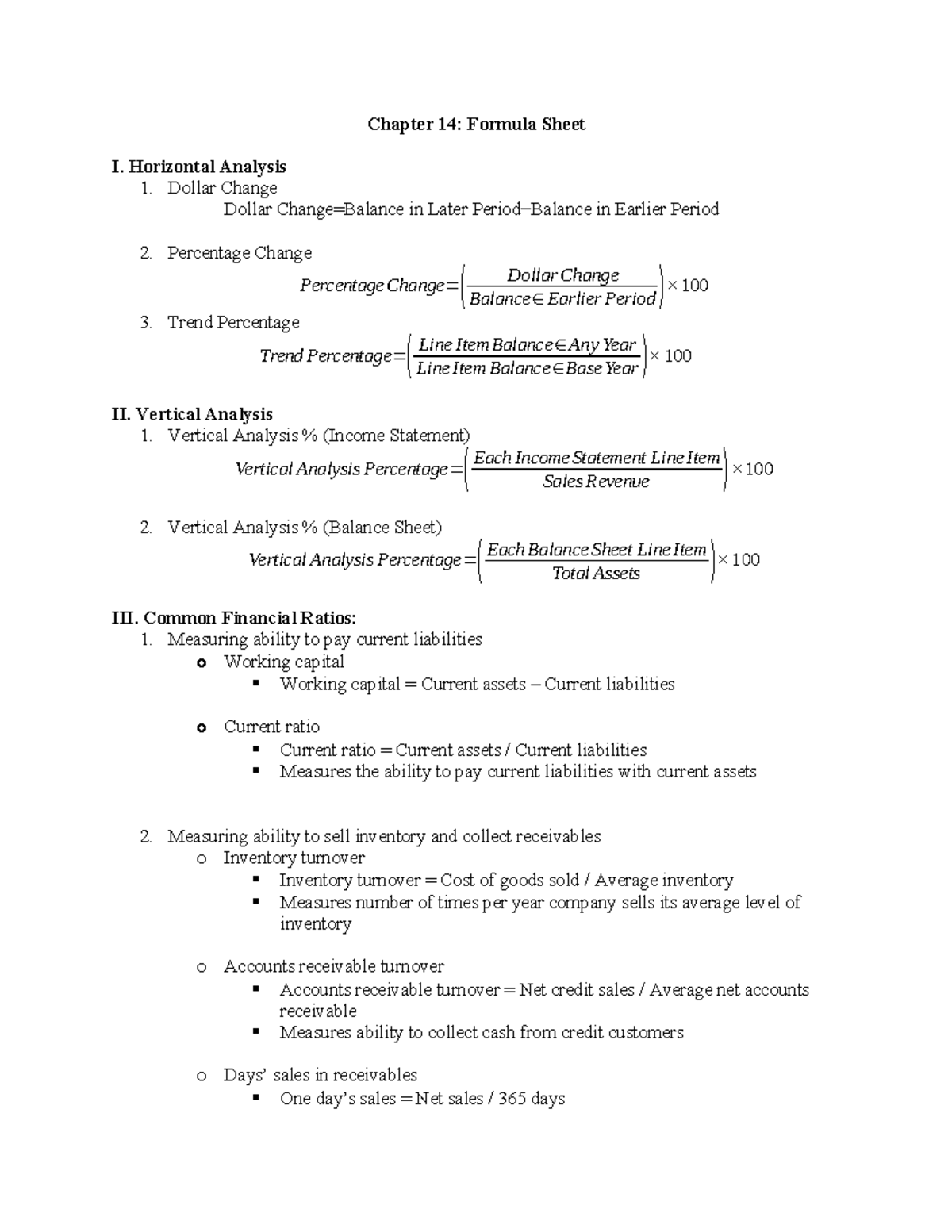 Chapter 14 Formula Sheet - Chapter 14: Formula Sheet I. Horizontal ...