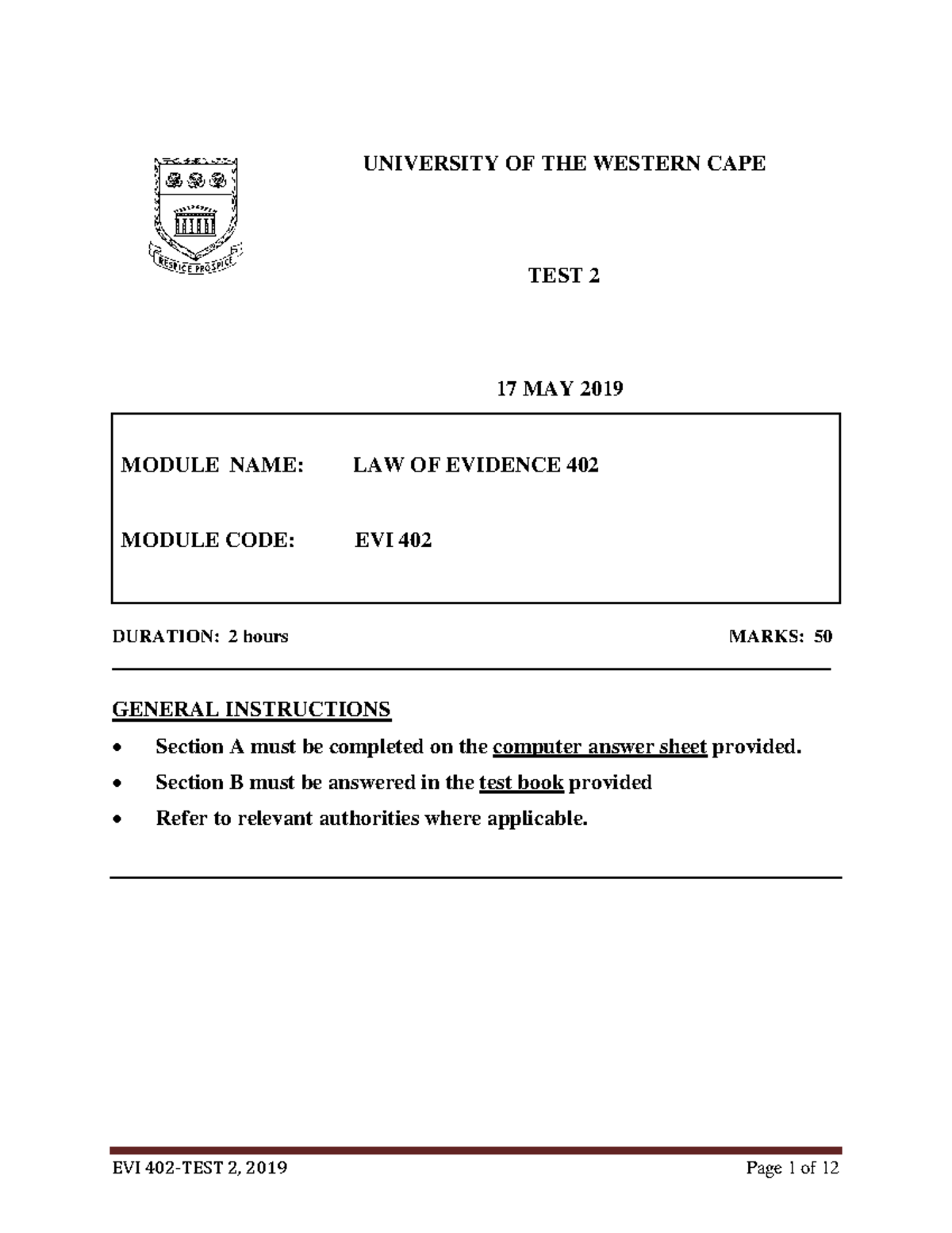 Evidence Test 2 2019 final - UNIVERSITY OF THE WESTERN CAPE TEST 2 17 ...