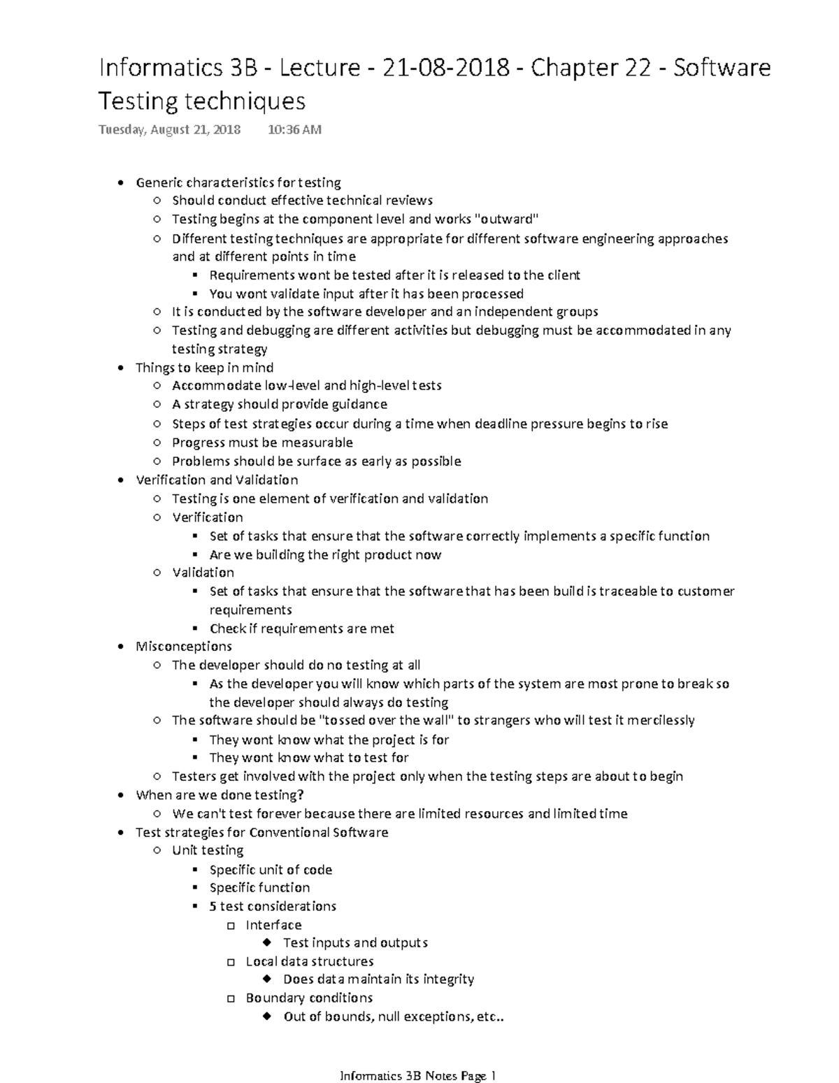 Informatics 3B - Lecture - 21-08-2018 - Chapter 22 - Software Testing ...