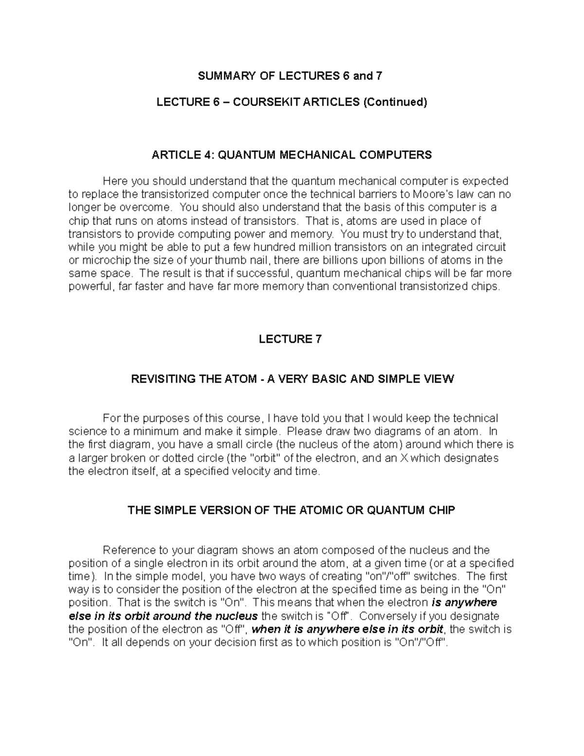 Lectures 6 and 7 notes - SUMMARY OF LECTURES 6 and 7 LECTURE 6 ...