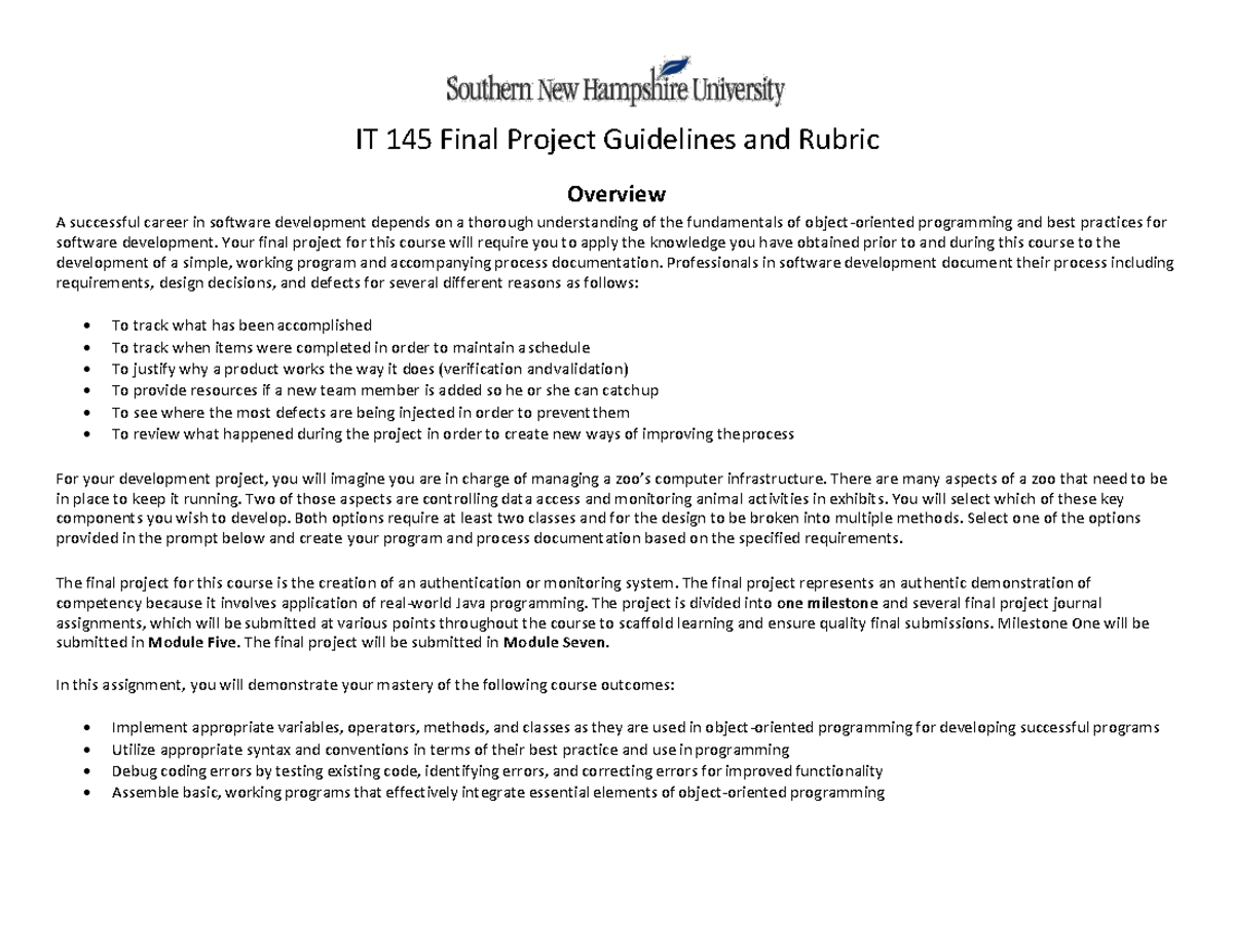 IT 145 Final Project Guidelines and Rubric - Your final project for this course will require you ...