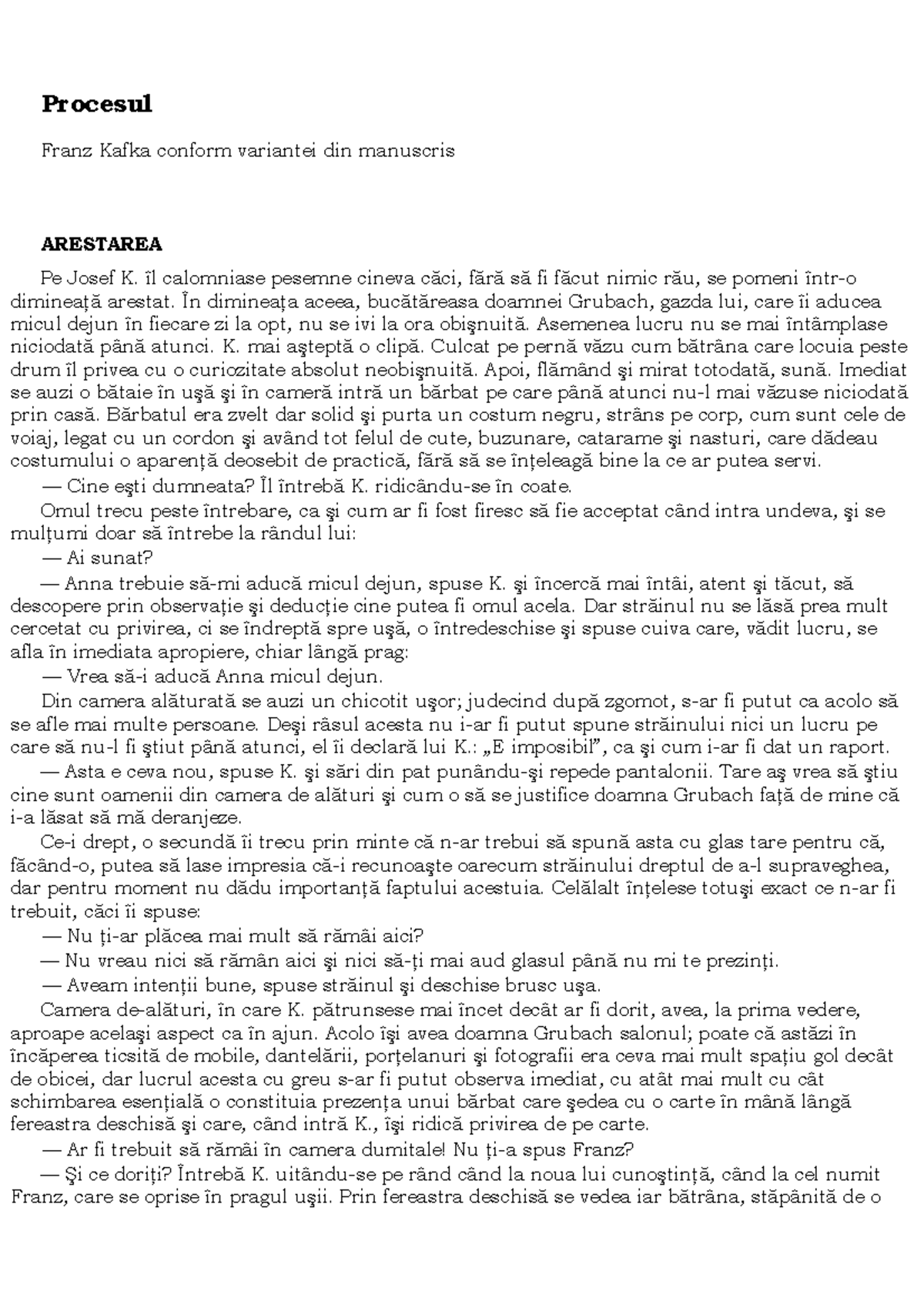 Procesul - good to read - Procesul Franz Kafka conform variantei din ...