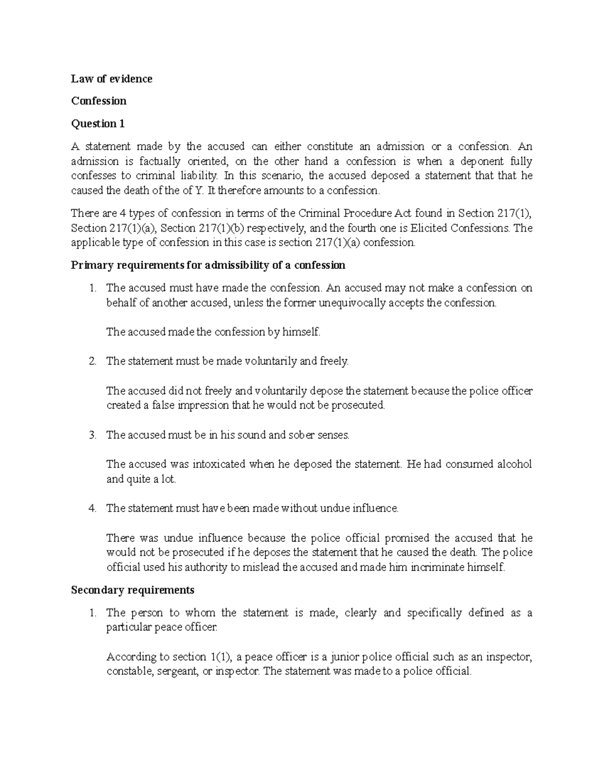 Evidence - Confession - Law of evidence Confession Question 1 A ...