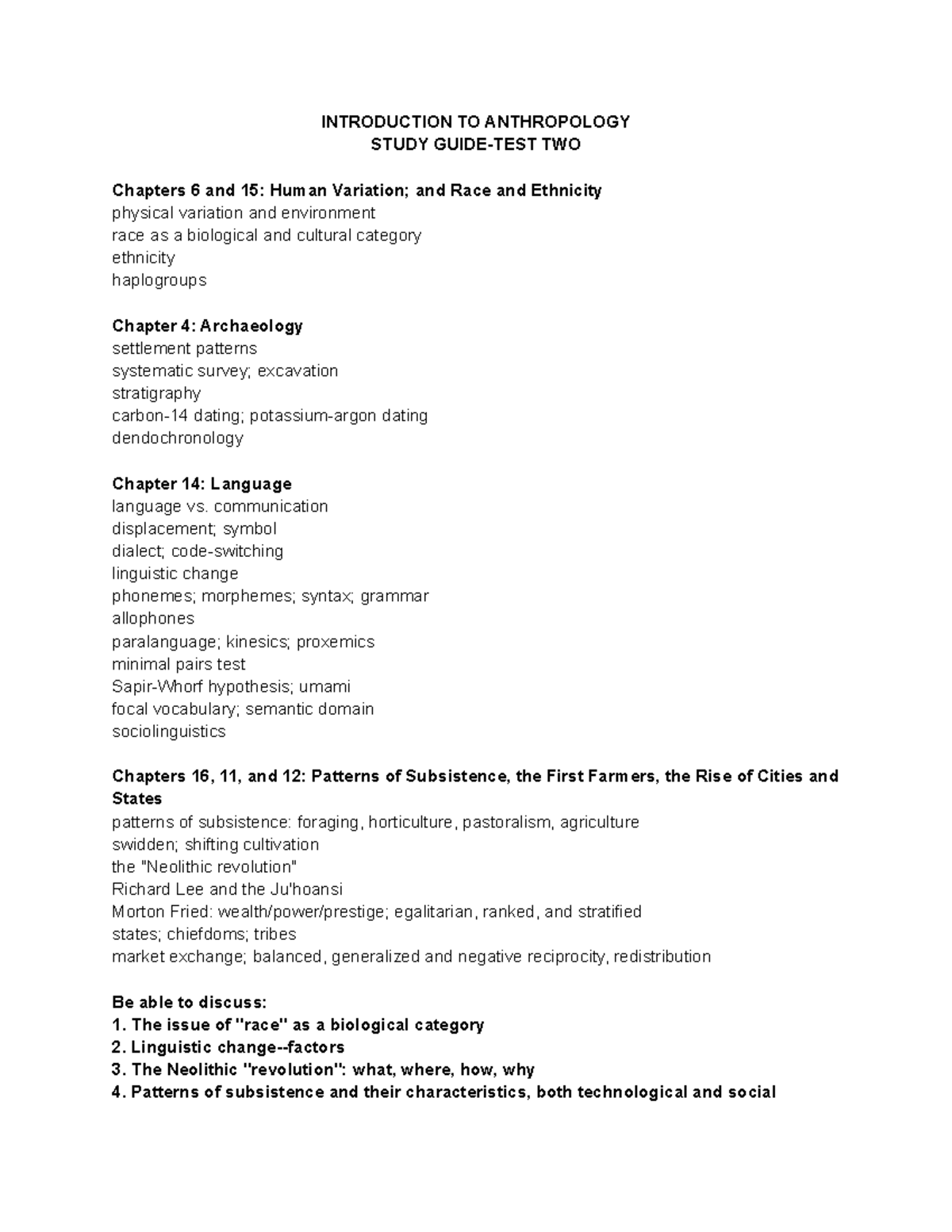 Test #2 study guide - INTRODUCTION TO ANTHROPOLOGY STUDY GUIDE-TEST TWO ...