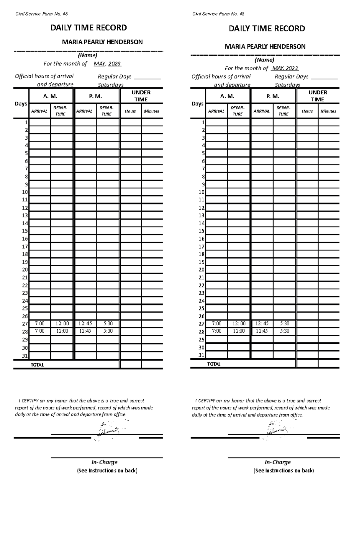 DTR- Mimaropa- Henderson - Civil Service Form No. 48 Civil Service Form ...