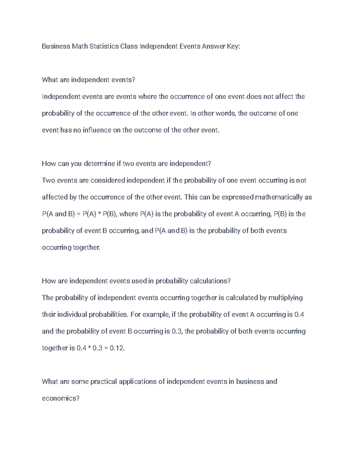 Business Math Statistics Class Independent Events Answer Key - In other ...