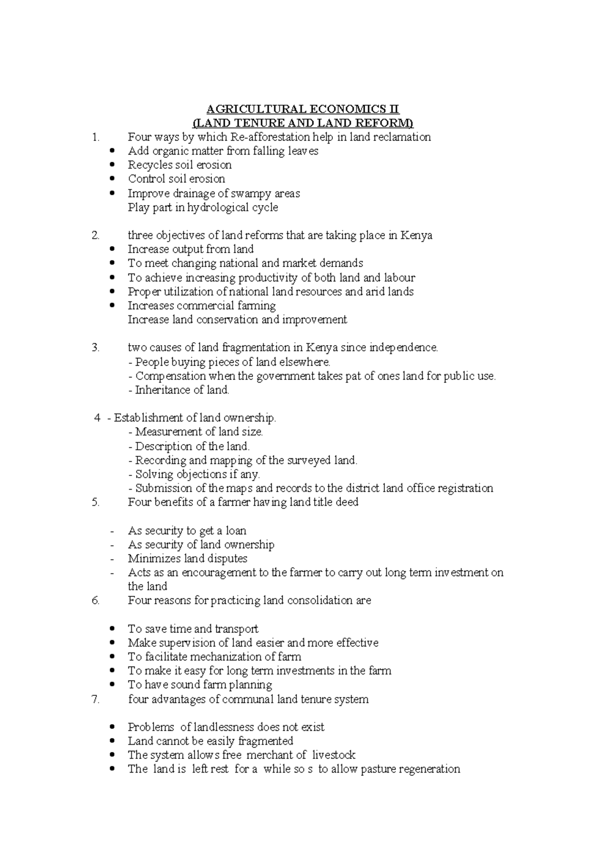 LAND Tenure AND LAND Reform ANS - AGRICULTURAL ECONOMICS II (LAND ...