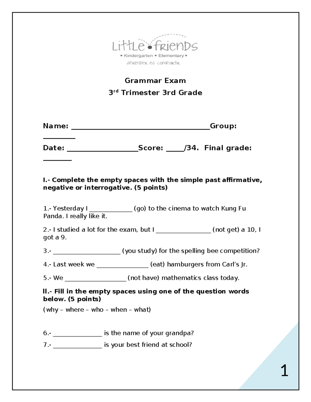 Third trimester grammar exam - Grammar Exam 3 rd Trimester 3rd Grade ...