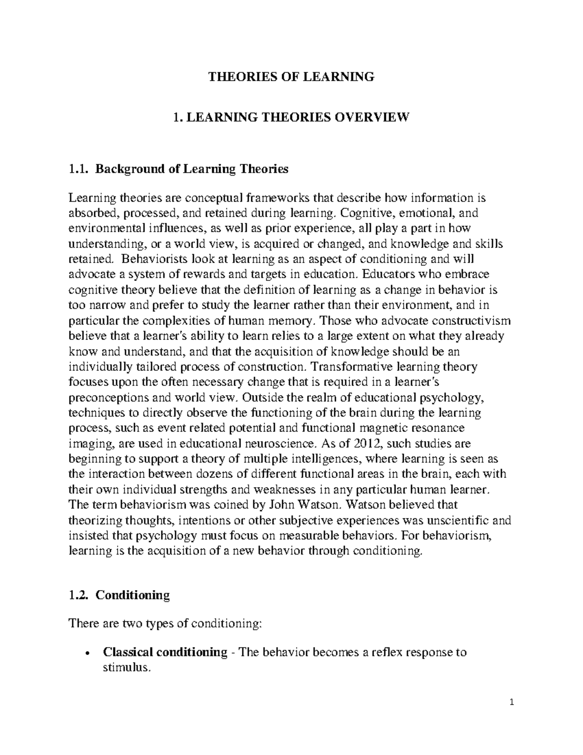 philosophy of education - THEORIES OF LEARNING 1. LEARNING THEORIES ...