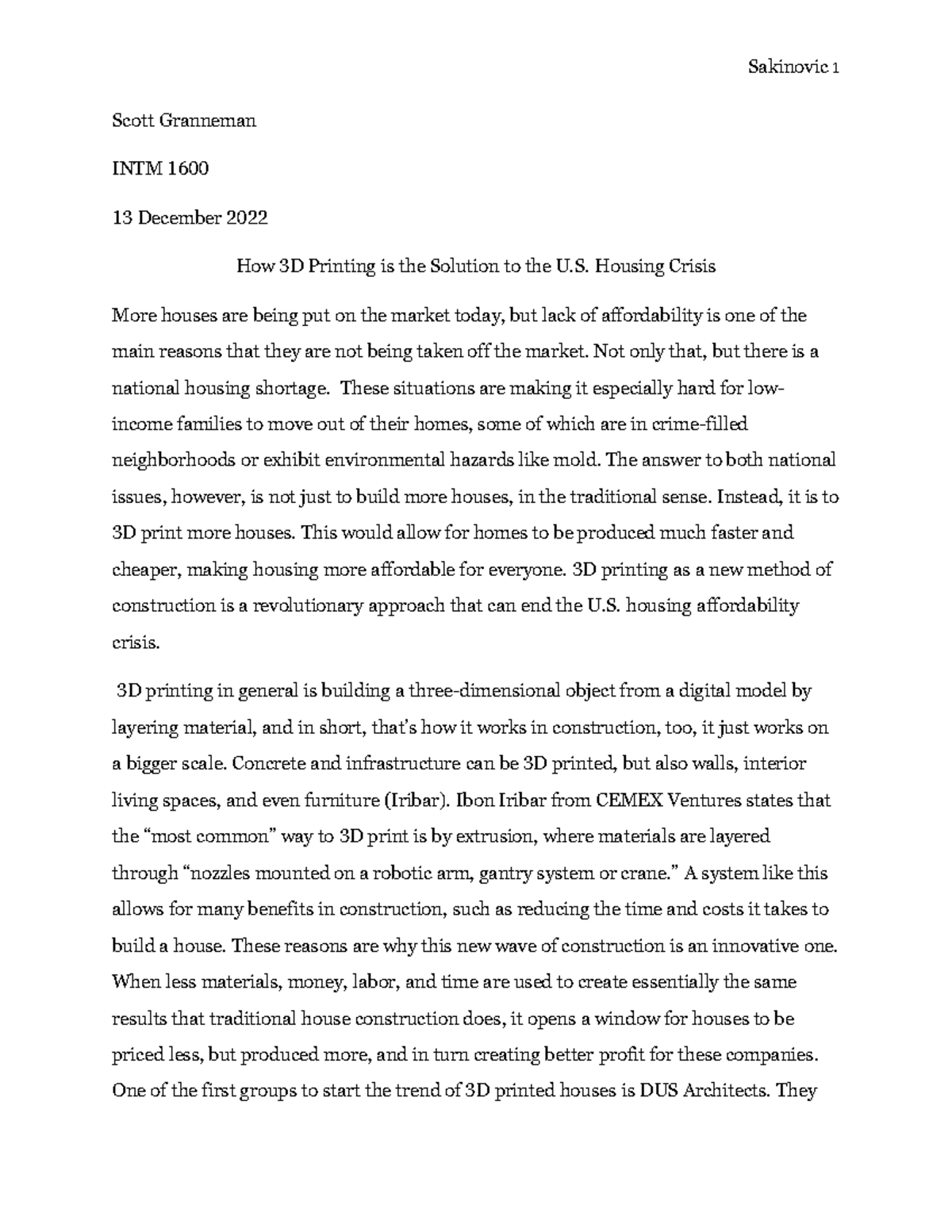 Research Paper - Scott Granneman INTM 1600 13 December 2022 How 3D ...