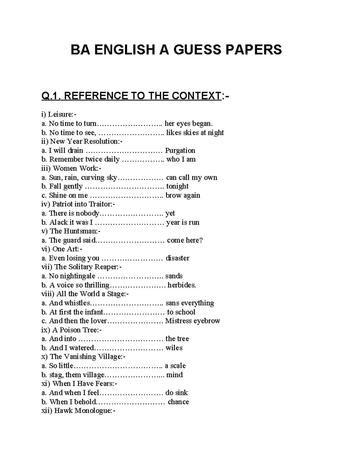 87387434 Ba English a Guess Papers - BA ENGLISH A GUESS PAPERS Q ...
