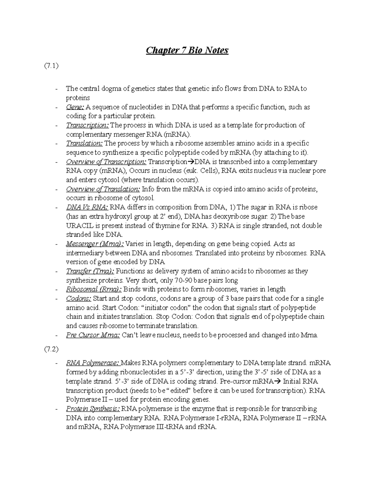 Chp 7 Bio 12U SBI4U - Chapter 7 Bio Notes (7) The central dogma of ...