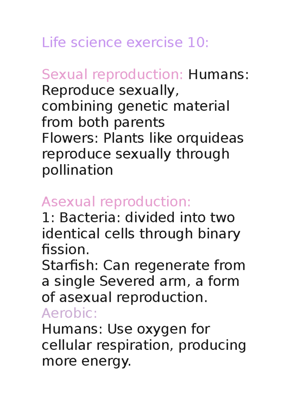 Exercise 10 life science - Life science exercise 10: Sexual ...