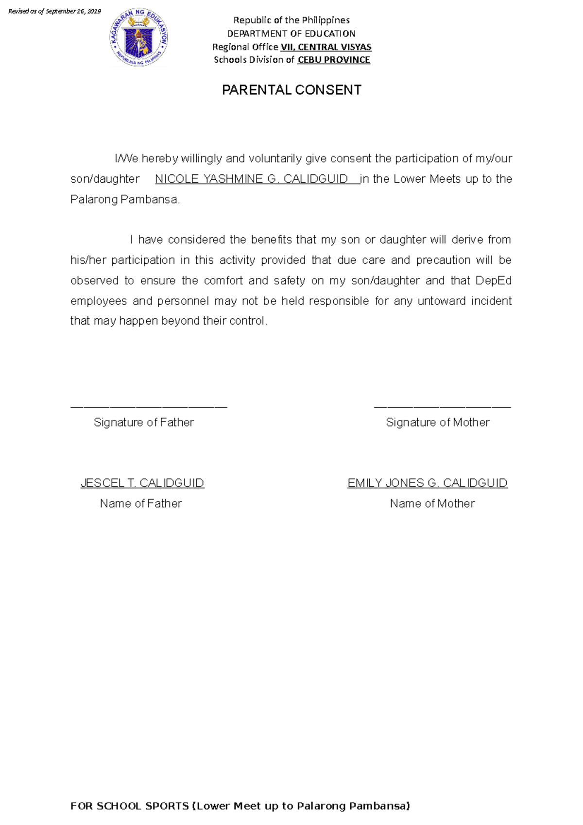 Parental-Consent - Republic of the Philippines DEPARTMENT OF EDUCATION ...