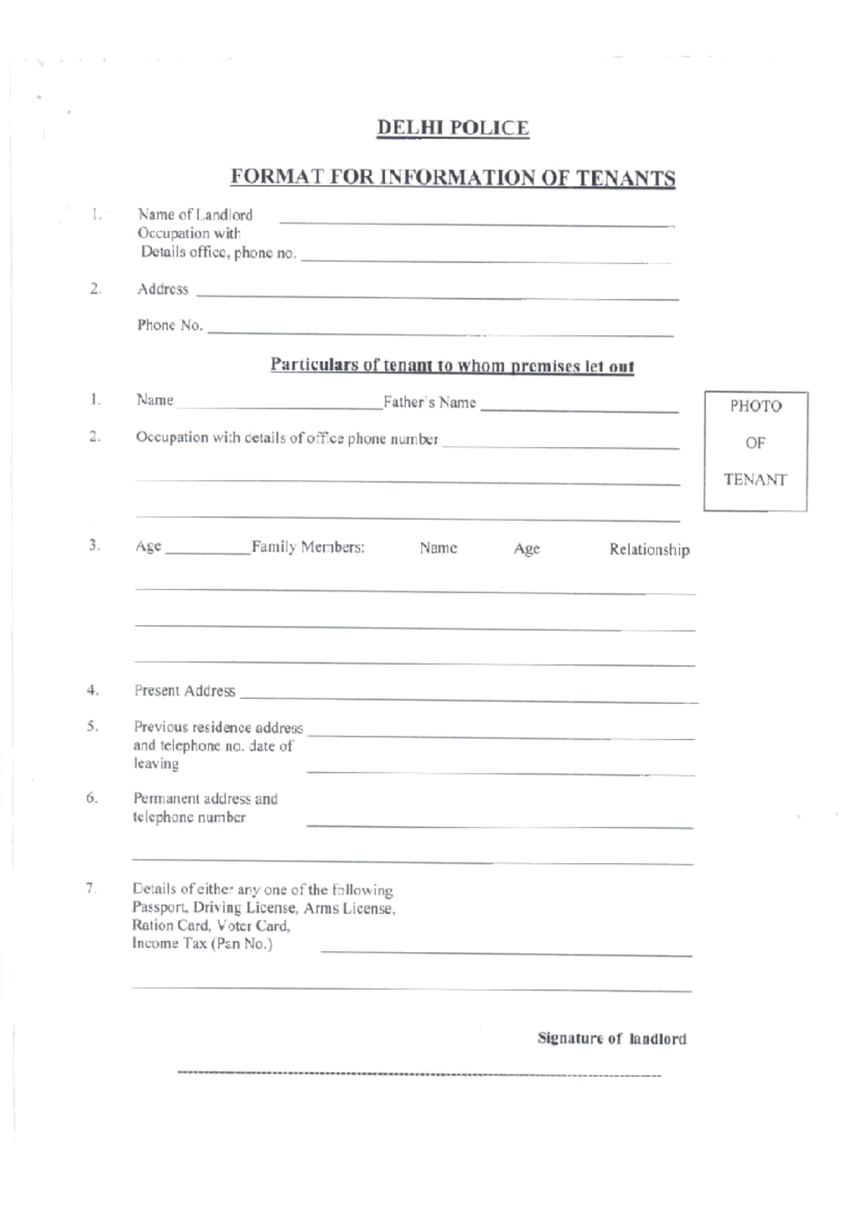 Tenant verification form - DELHI POLICE FORMAT FOR INFORMATION OF ...