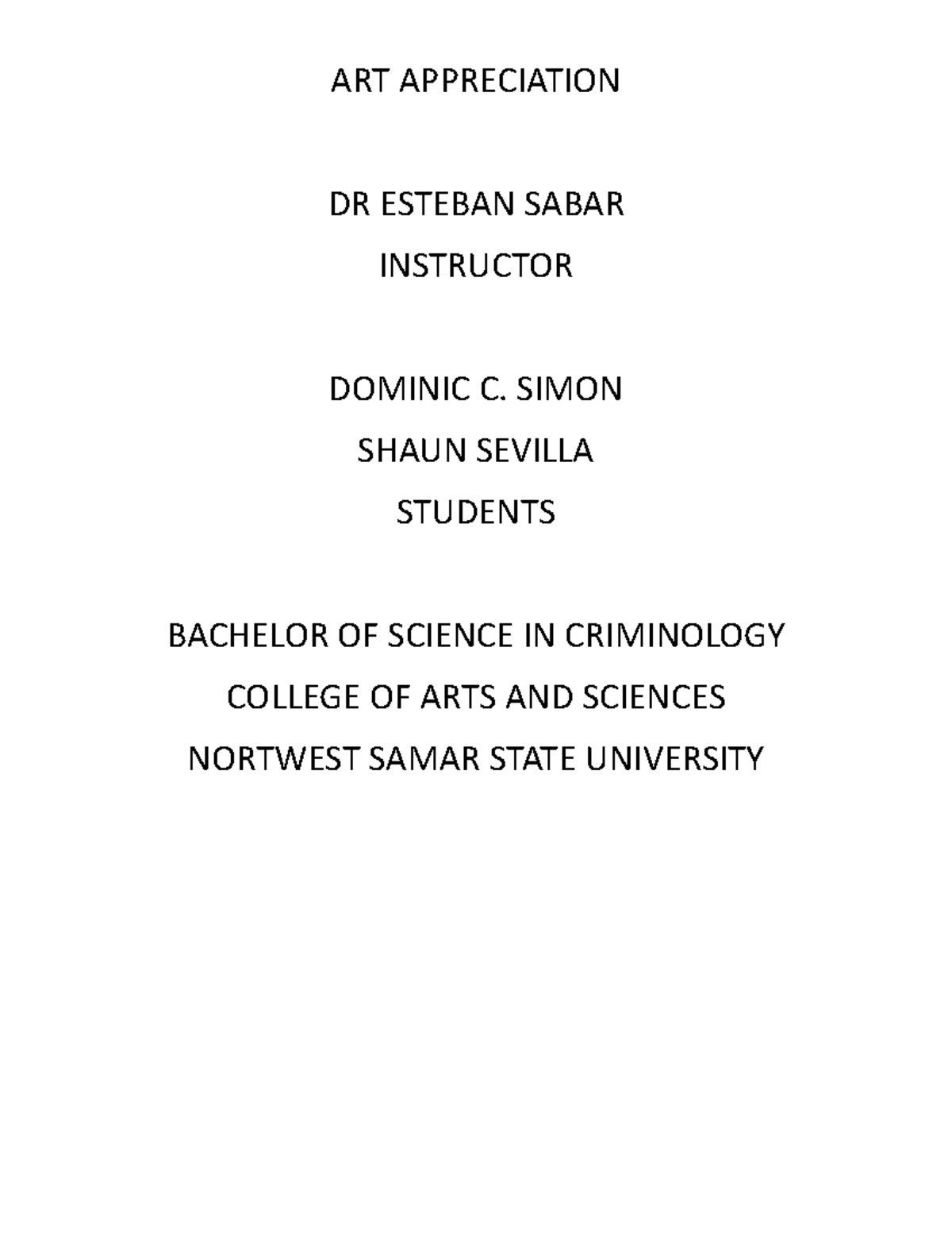 ART Appreciation - ART APPRECIATION DR ESTEBAN SABAR INSTRUCTOR DOMINIC ...