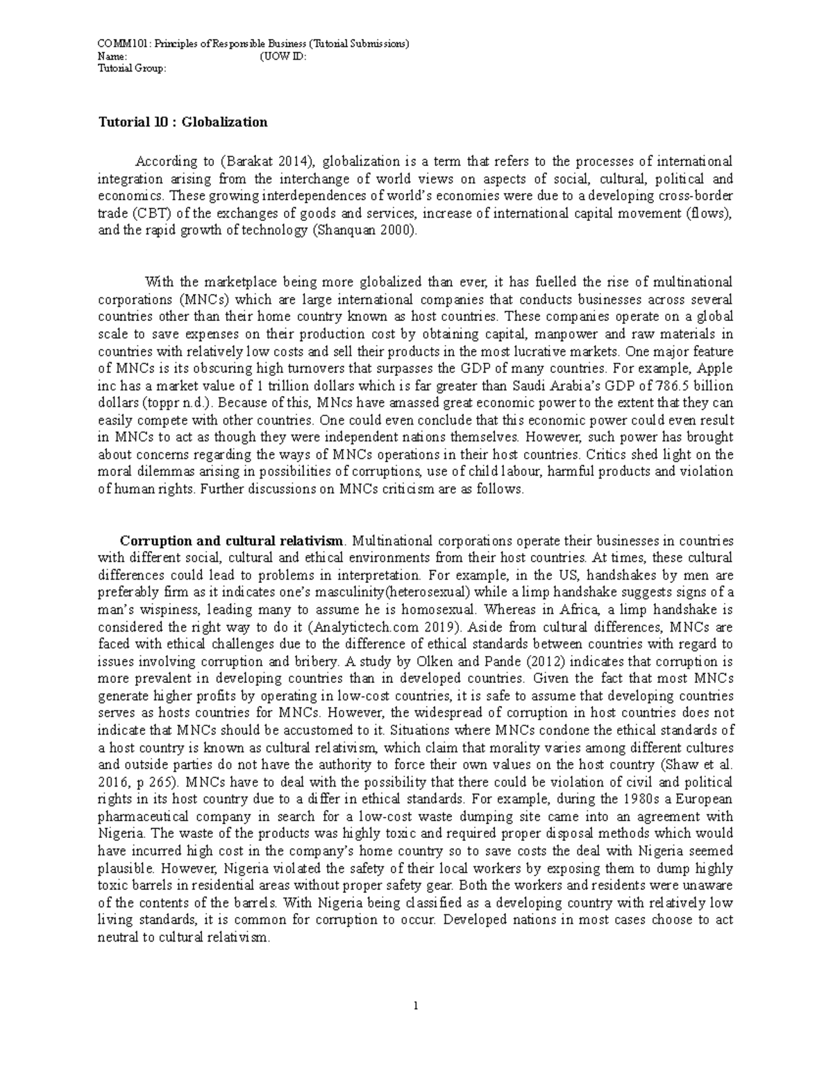 Globalization tutorial 10 - Name: (UOW ID: Tutorial Group: Tutorial 10 ...