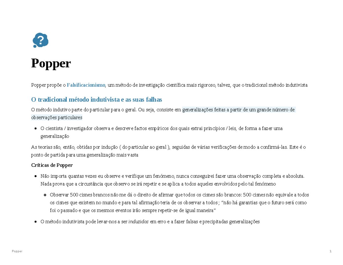 Popper - Resumo Epistemologia e História da Psicologia - Popper 1 ...