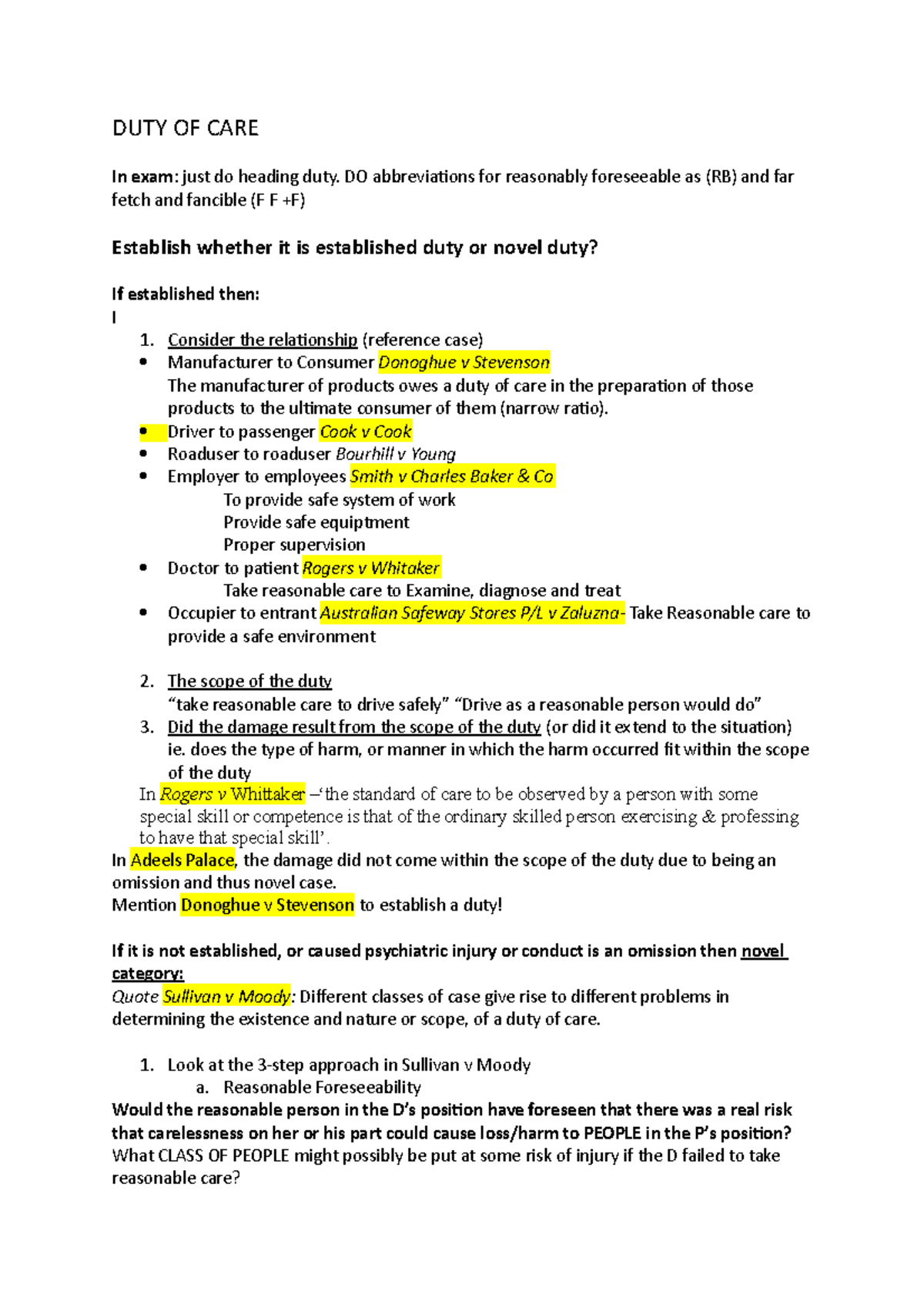 DUTY OF CARE notes - Super helpful document - DUTY OF CARE In exam ...