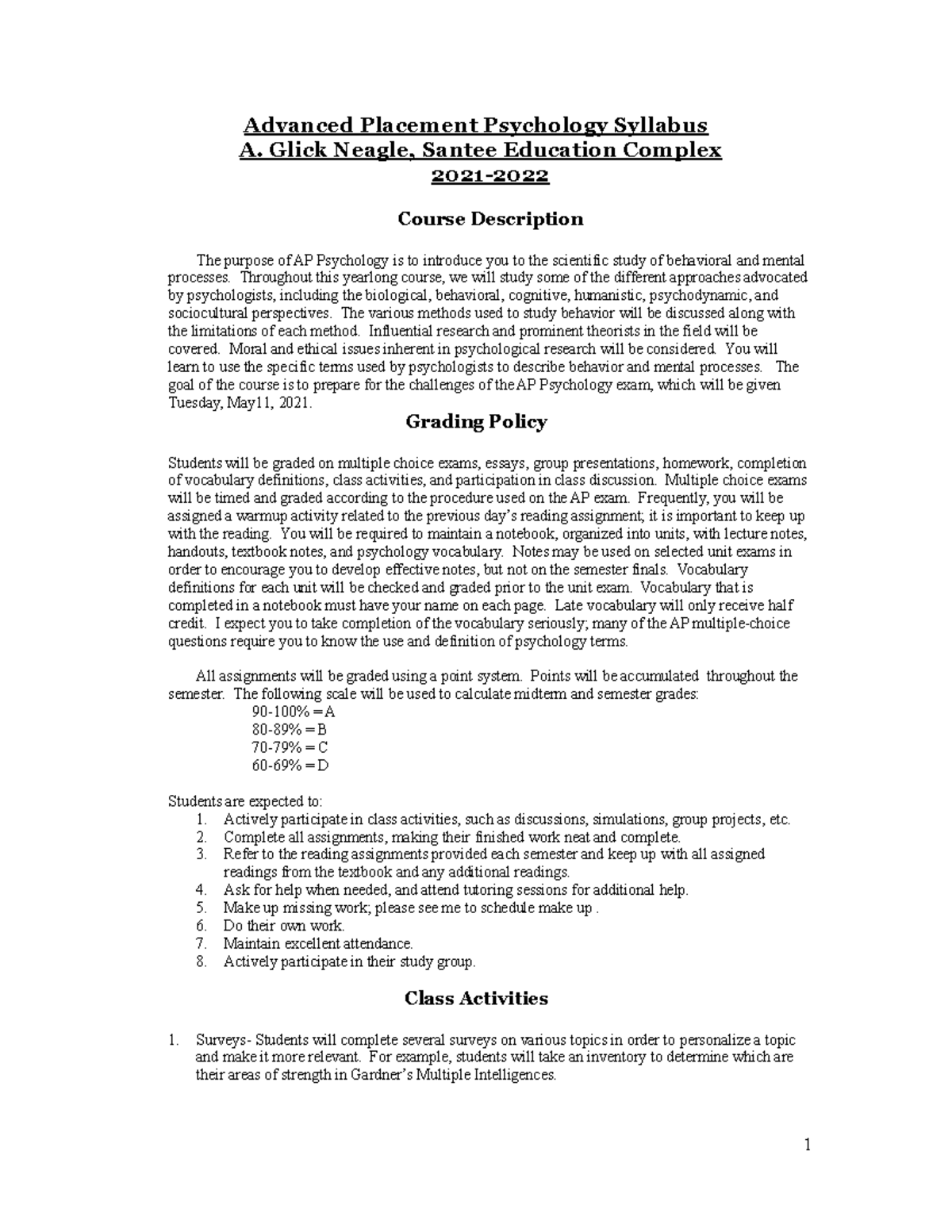 AP Psychology Syllabus 2021-2022 - Advanced Placement Psychology ...