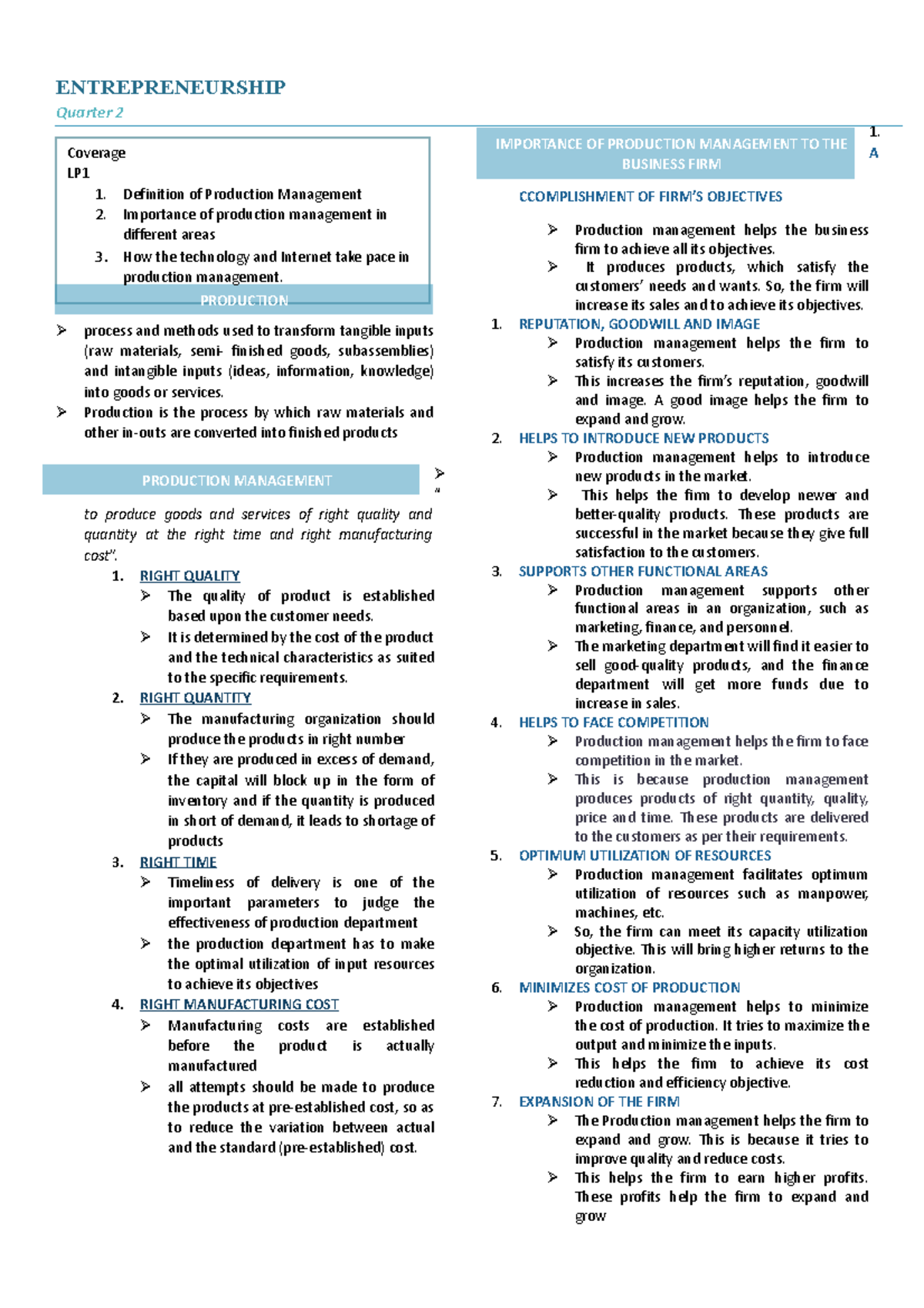 Entrepreneurship Q2 - Quarter 2 process and methods used to transform ...