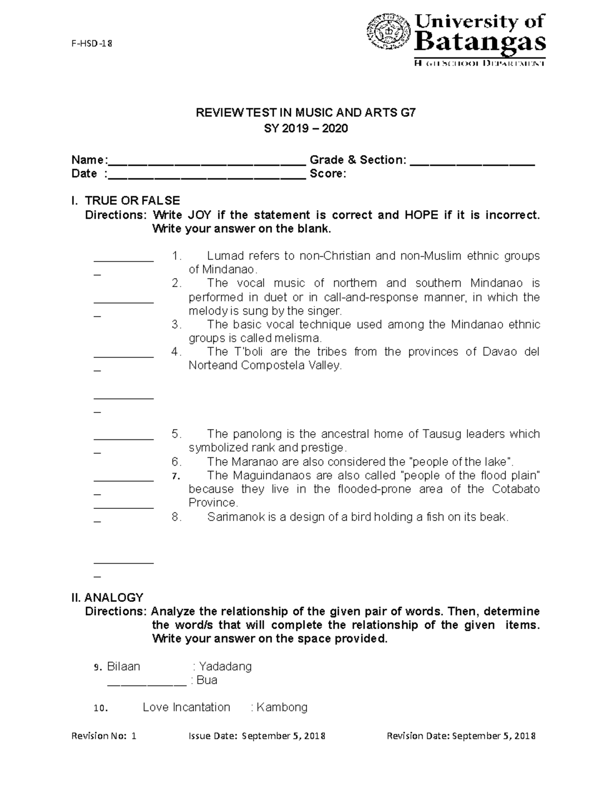Music and Arts Review Test - REVIEW TEST IN MUSIC AND ARTS G SY 2019 ...