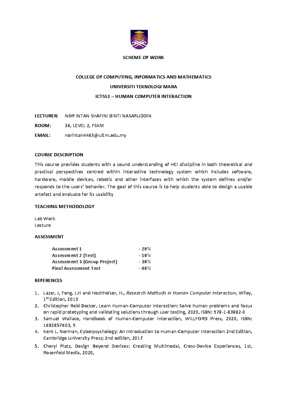 SOW ICT551 MAC2024 - qwe - SCHEME OF WORK COLLEGE OF COMPUTING ...