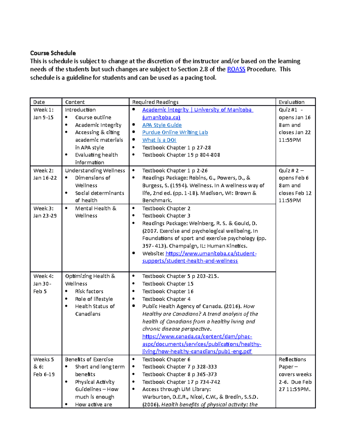 Course Schedule from syllabus KPER 1200 D01 Winter 2023 - Course ...