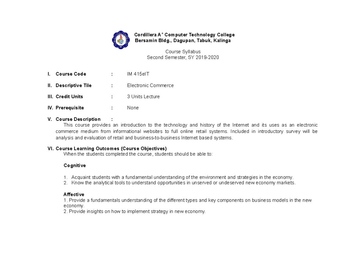 Electronic Commerce - Course Syllabus - Cordillera A+ Computer ...