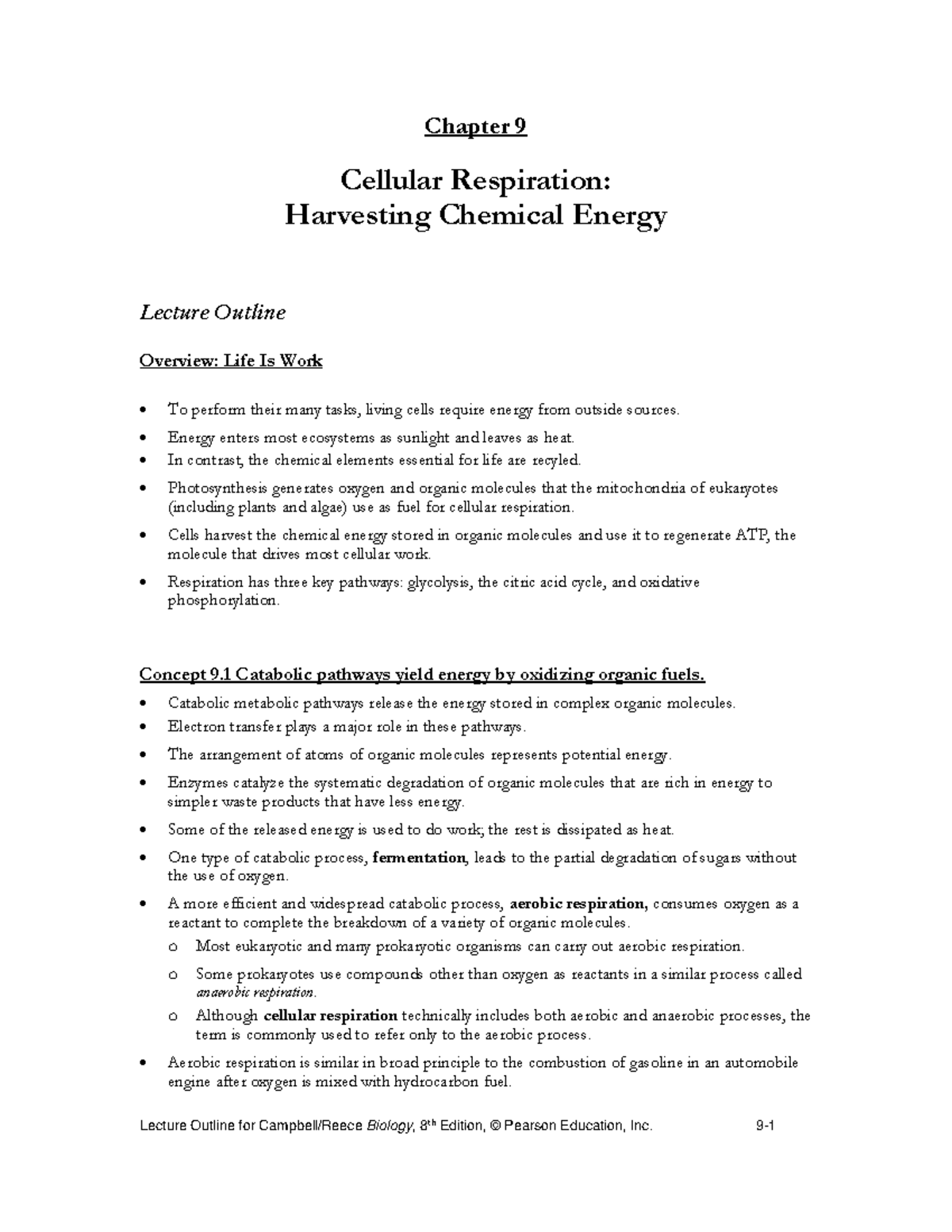 Apbio chp 9 lecture outline - Chapter 9 Cellular Respiration ...