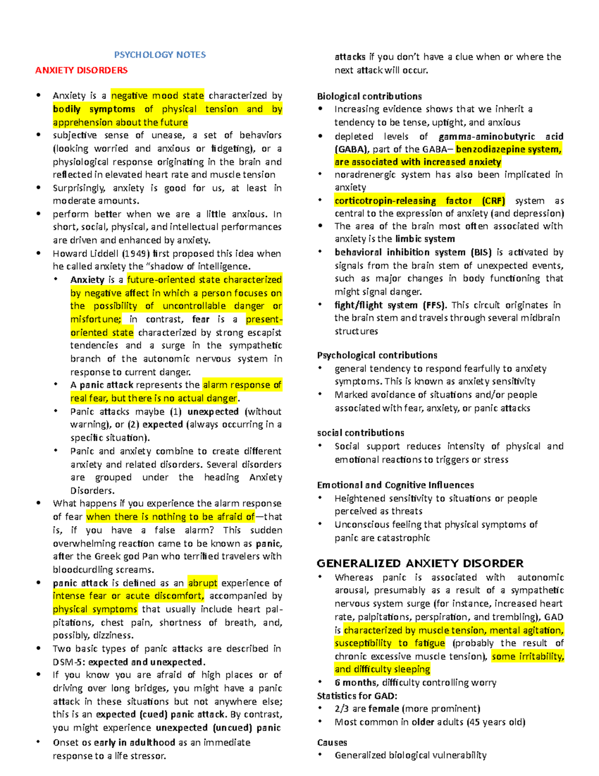 Anxiety Disorders ( Psychology) - PSYCHOLOGY NOTES ANXIETY DISORDERS ...