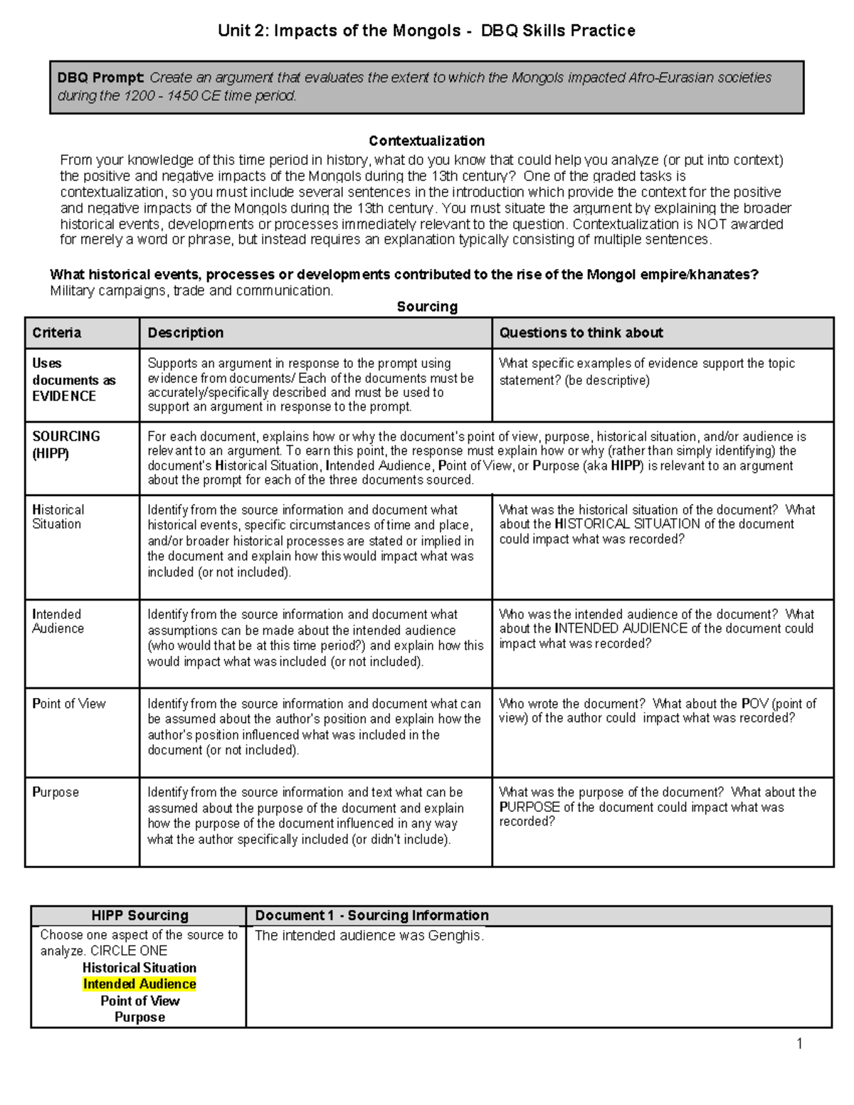 Unit 2 DBQ Practice - Impacts of the Mongols - Unit 2: Impacts of the ...