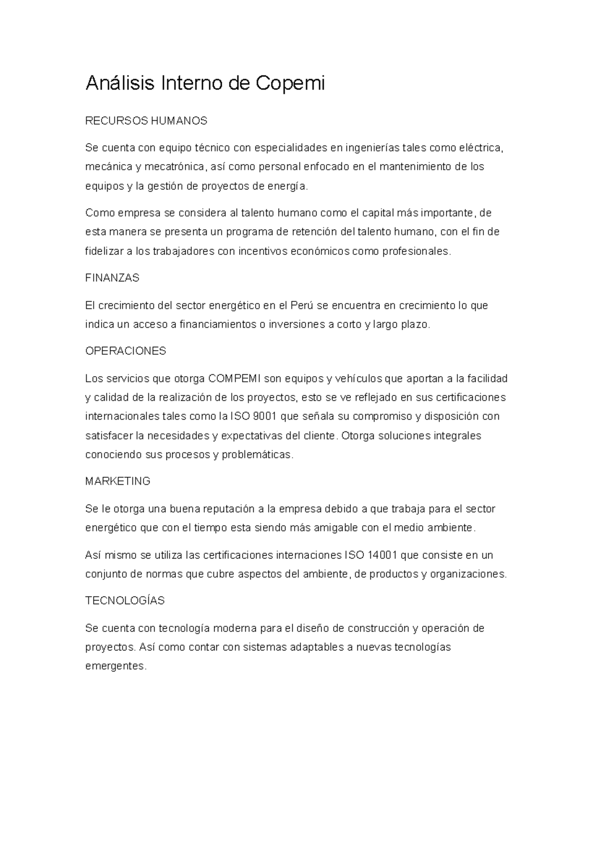 Analisis interno y externo Copemi - Análisis Interno de Copemi RECURSOS ...