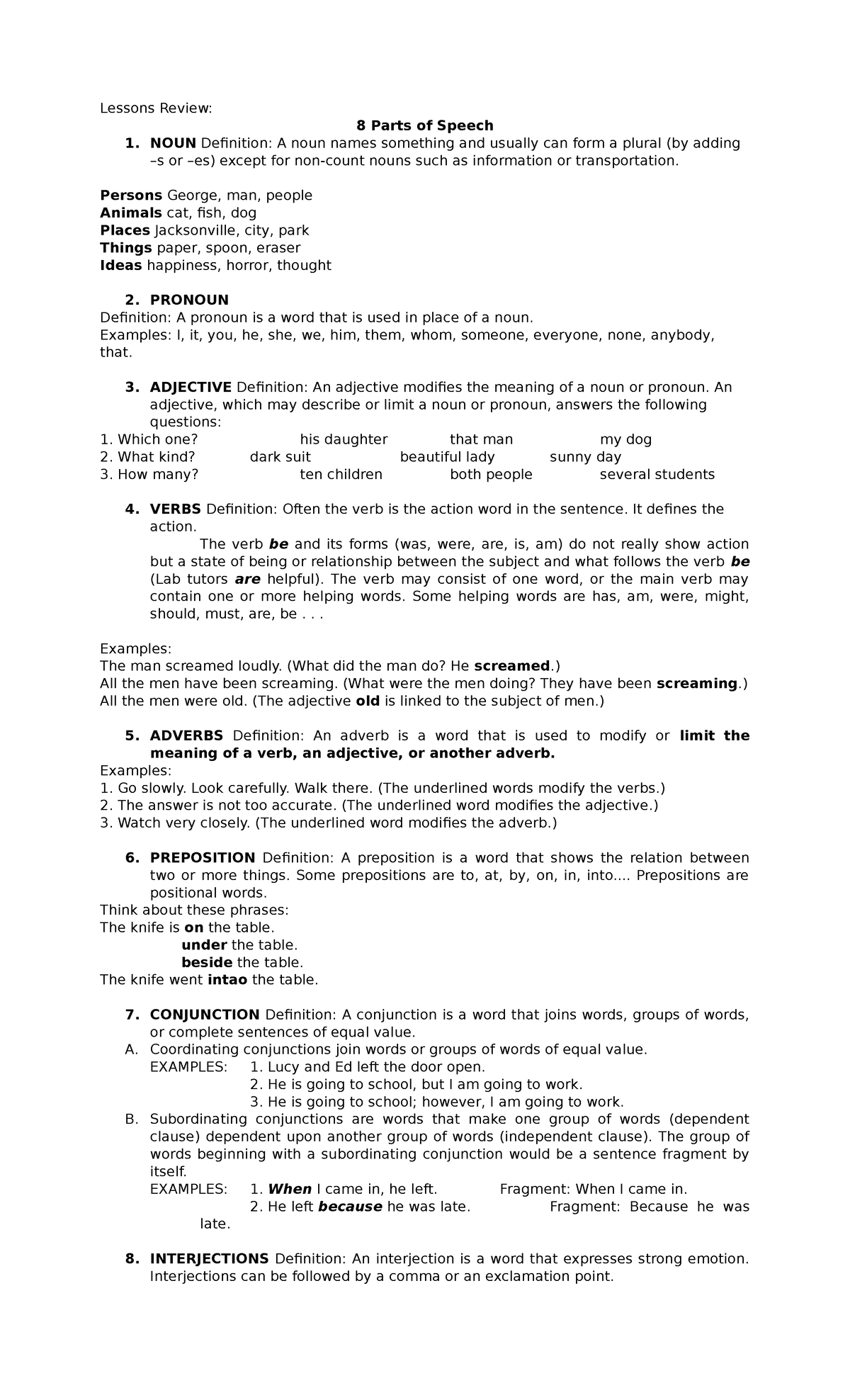 8 parts of speech review - Lessons Review: 8 Parts of Speech NOUN ...
