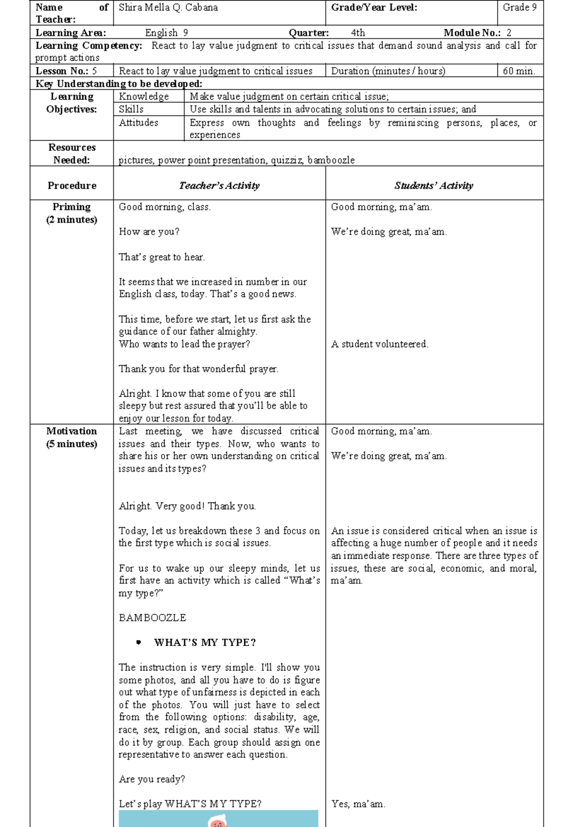 Final DEMO Lesson Plan - judging the validity of evidences - Name of ...