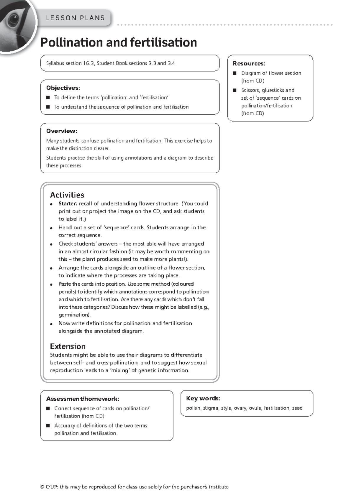 Igcse BIO LP pollination & fertilisation - L E S S O N P L A N S © OUP ...